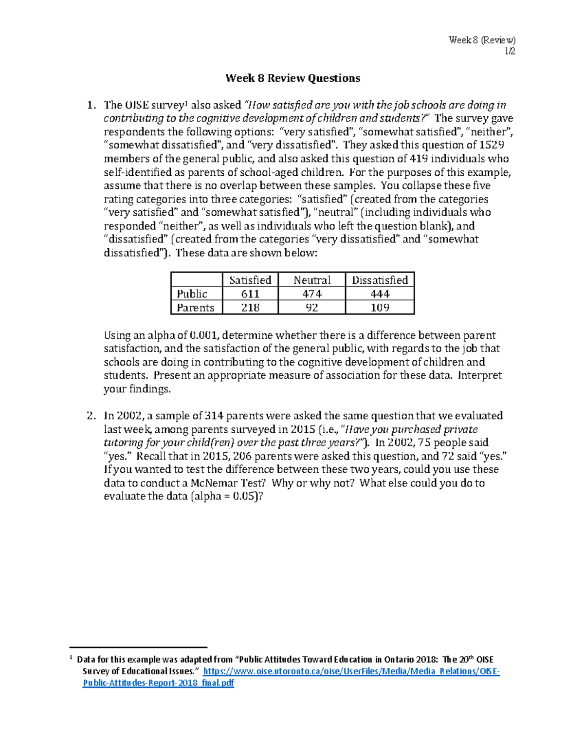 Week 8 Review Questions - Week 8 (Review) 1/ Week 8 Review Questions The OISE survey 1 also ...