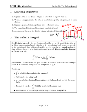 MTH 141 - SECTION 5.4 - MTH 141: Worksheet Section 5: Indefinite Integrals & Net Change Theorem ...
