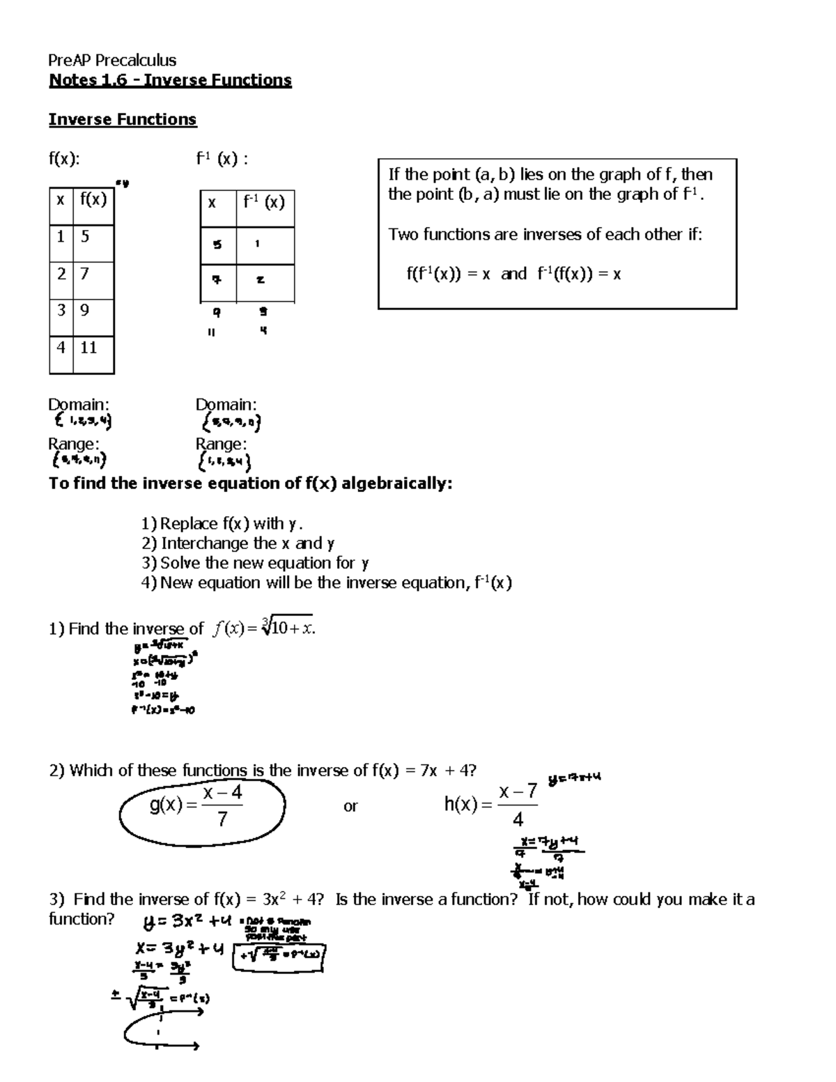 Inverse Functions - PreAP Precalculus Notes 1 - Inverse Functions ...