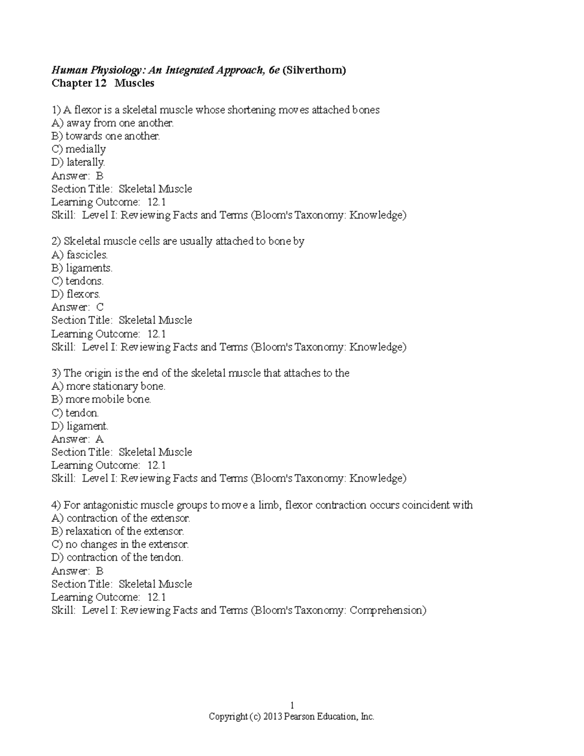 12 Test Bank - Practice questions - Human Physiology: An Integrated ...