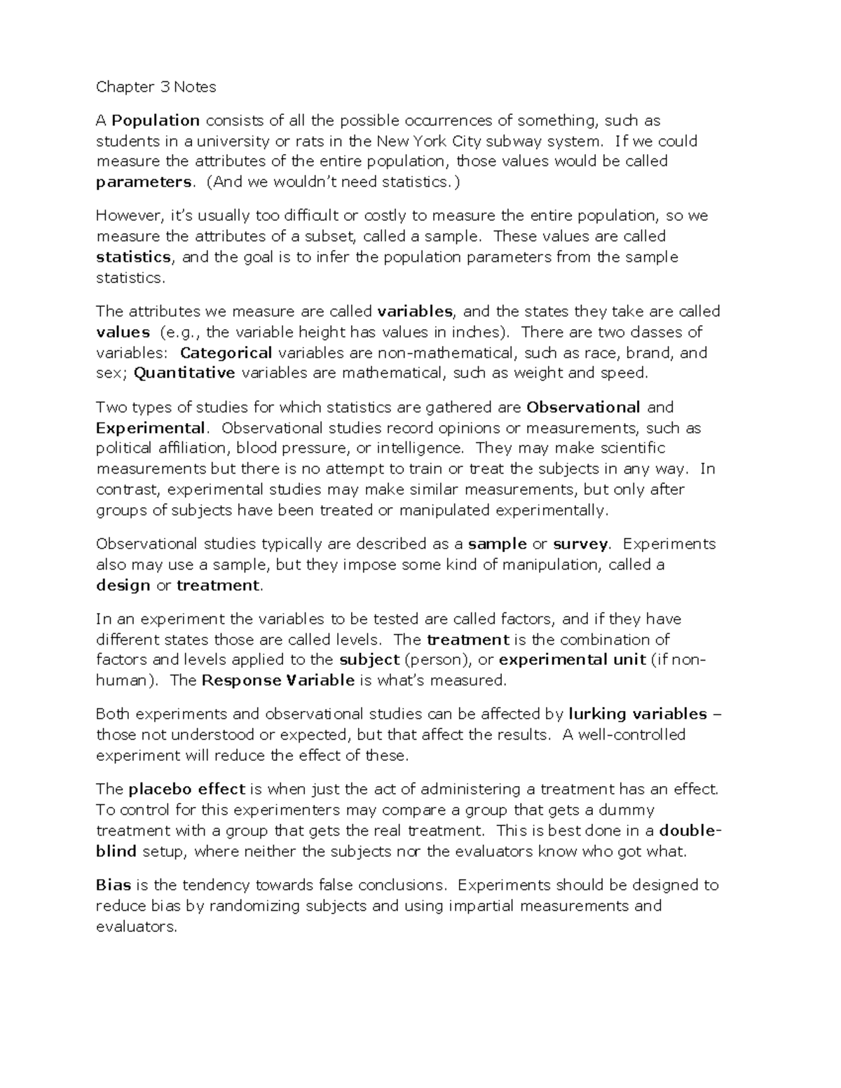 Chapter 3 Samples and Experiments - Chapter 3 Notes A Population ...