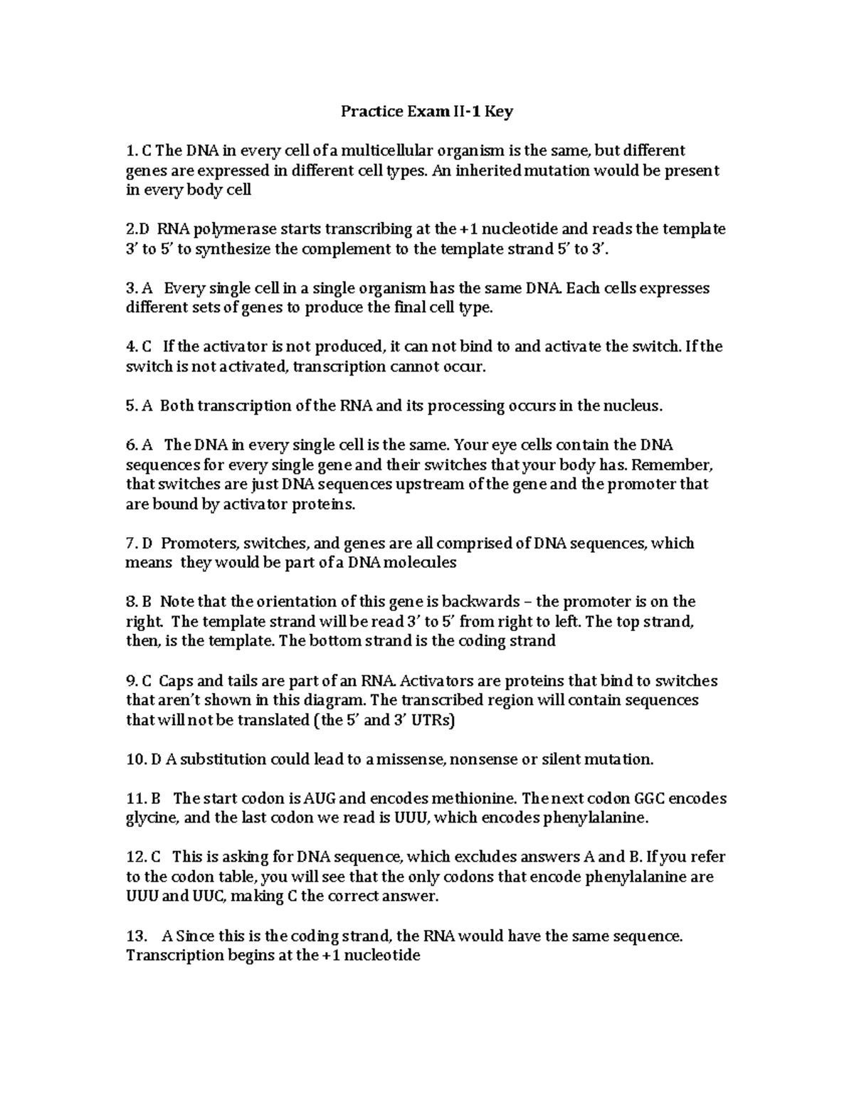 Practice Exam Ii Key Final 1 Practice Exam Ii 1 Key C The Dna In Every Cell Of A Multicellular