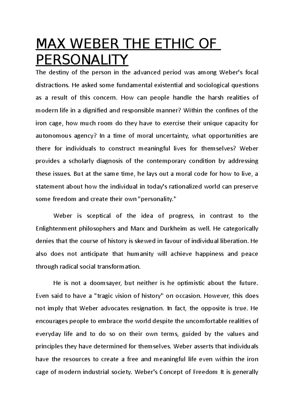 MAX Weber THE Ethic OF Personality - MAX WEBER THE ETHIC OF PERSONALITY ...