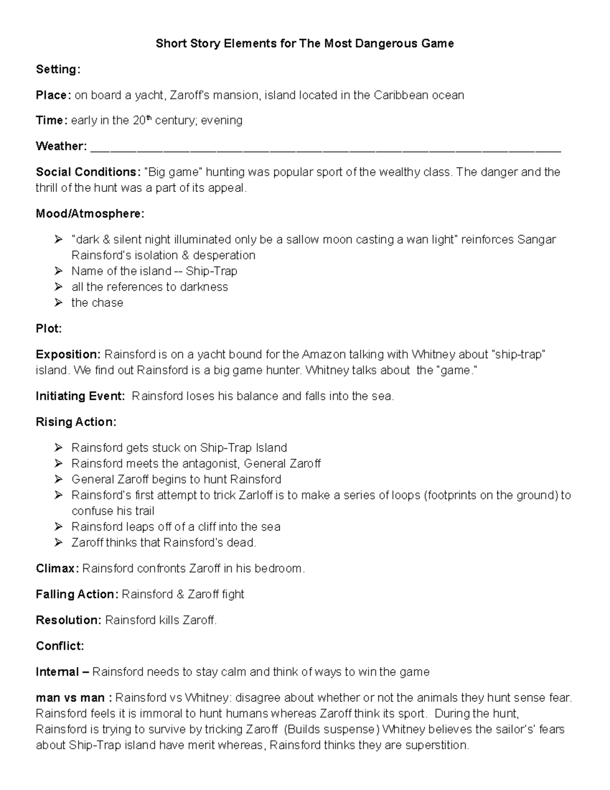 Dangerous games - Short Story Elements for The Most Dangerous Game ...