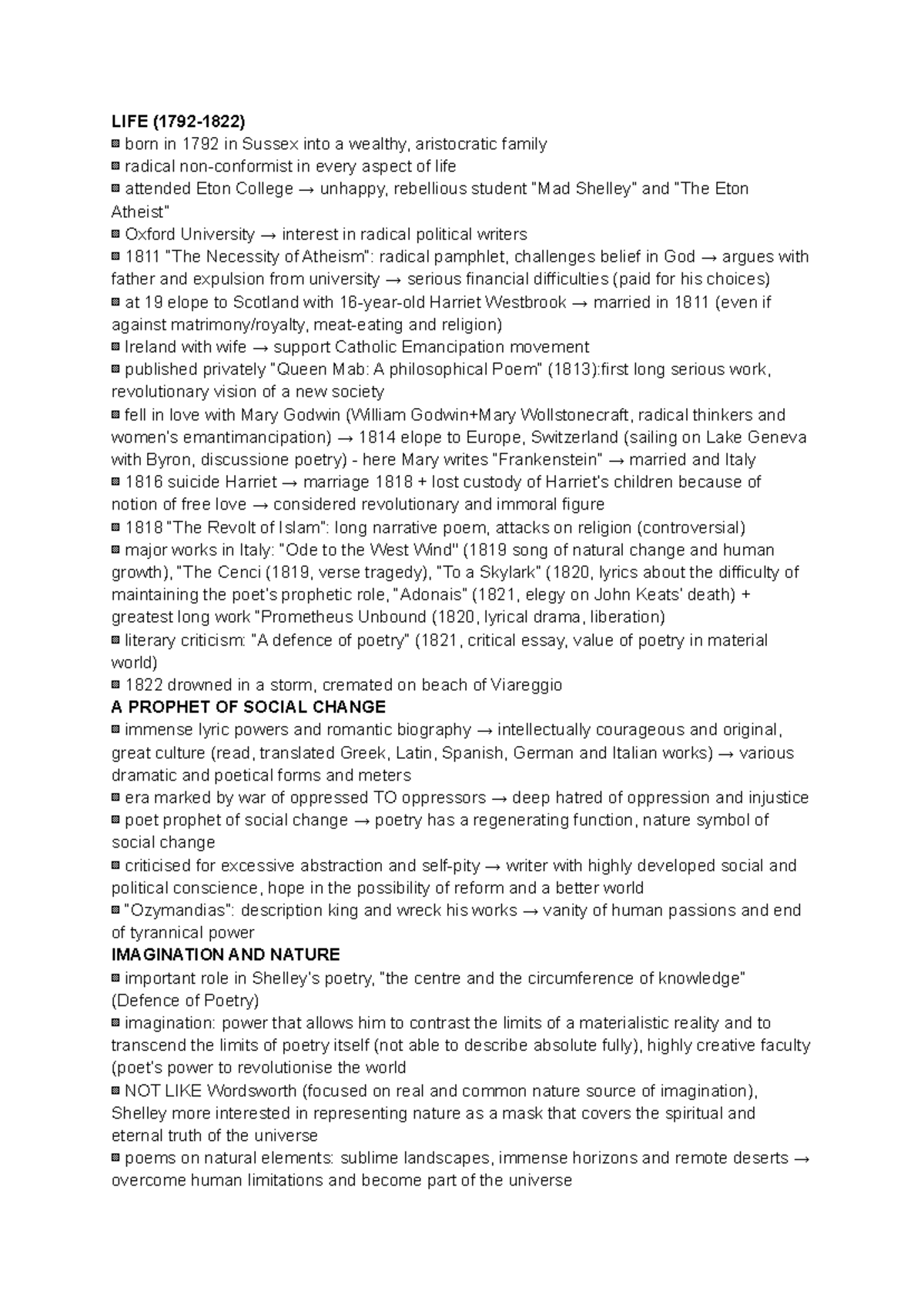 Riassunto sulla vita di Percy Bisshe Shelley - LIFE (1792-1822) born in ...