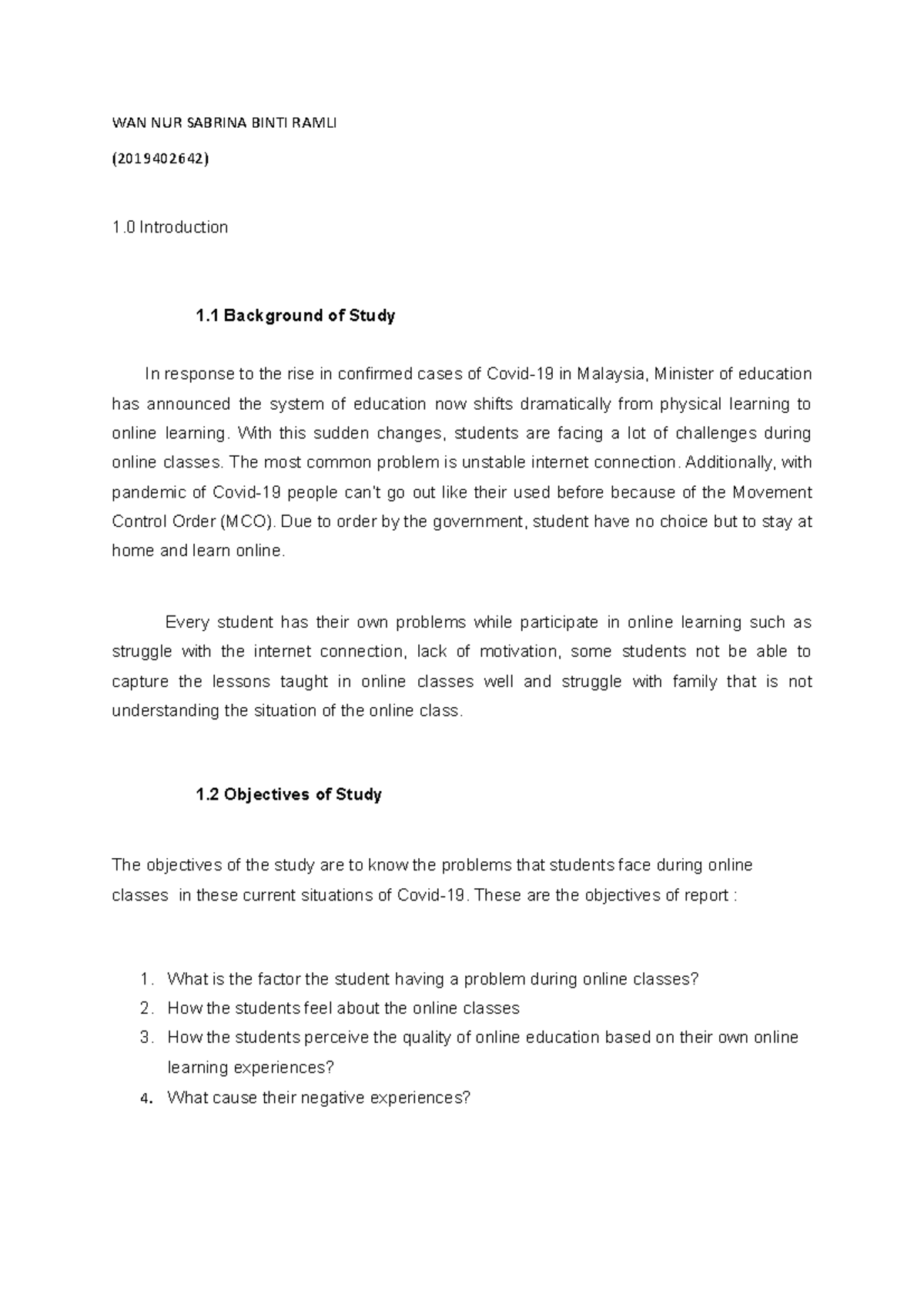 QMT181 Sabrina uitm - WAN NUR SABRINA BINTI RAMLI (2019402642) 1 Introduction 1 Background of ...