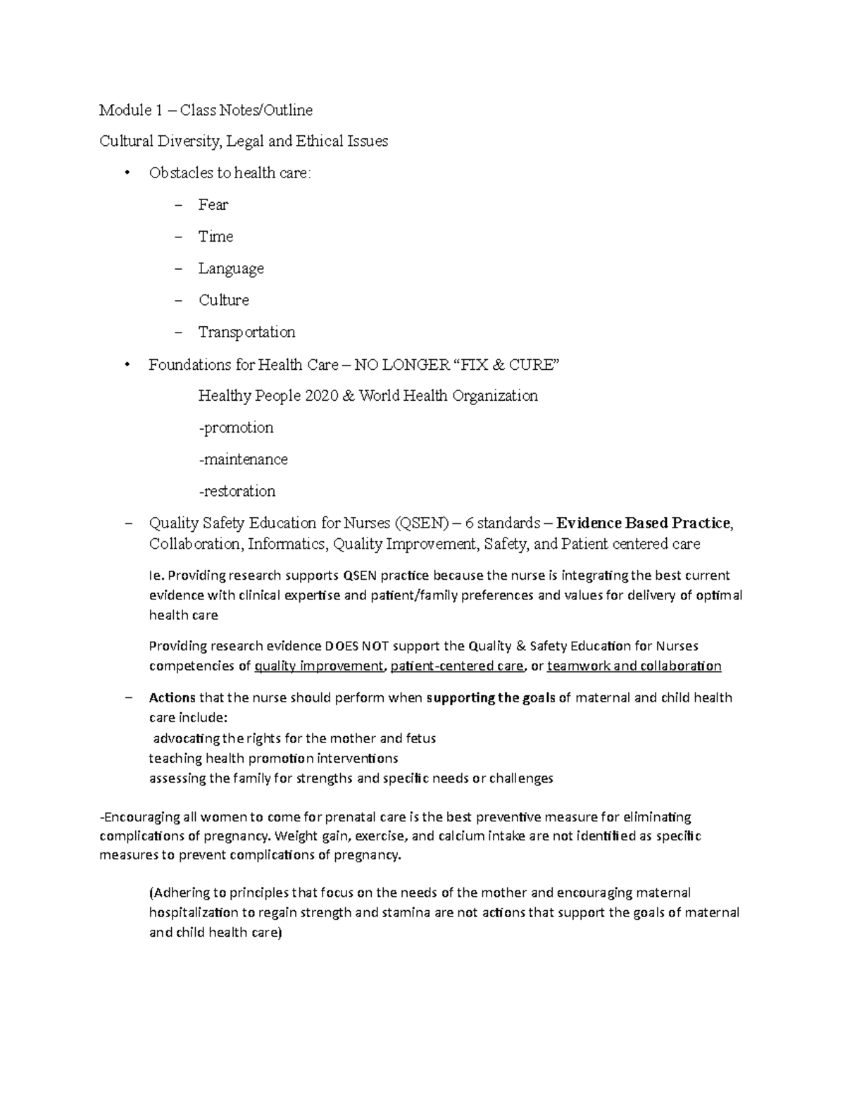 MCH Nur2433 Exam 1 Outlines - Module 1 – Class Notes/Outline Cultural ...
