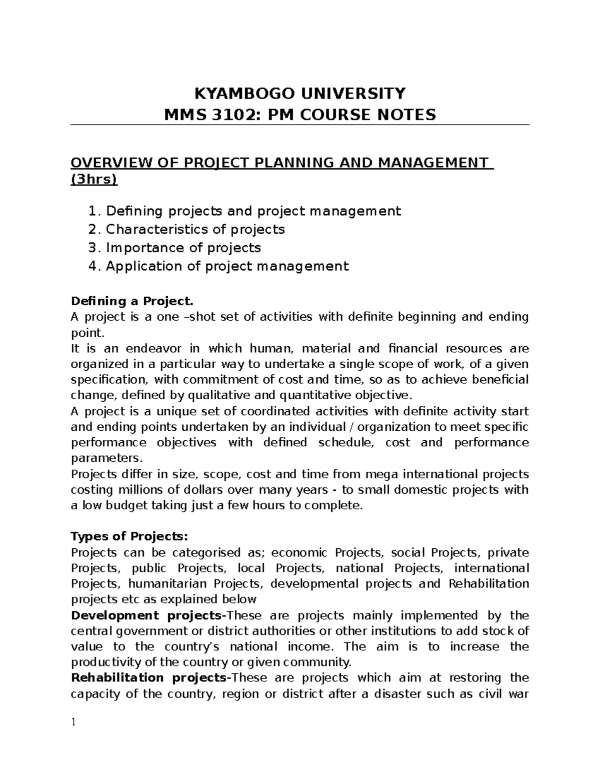 Project management noties - KYAMBOGO UNIVERSITY MMS 3102: PM COURSE ...
