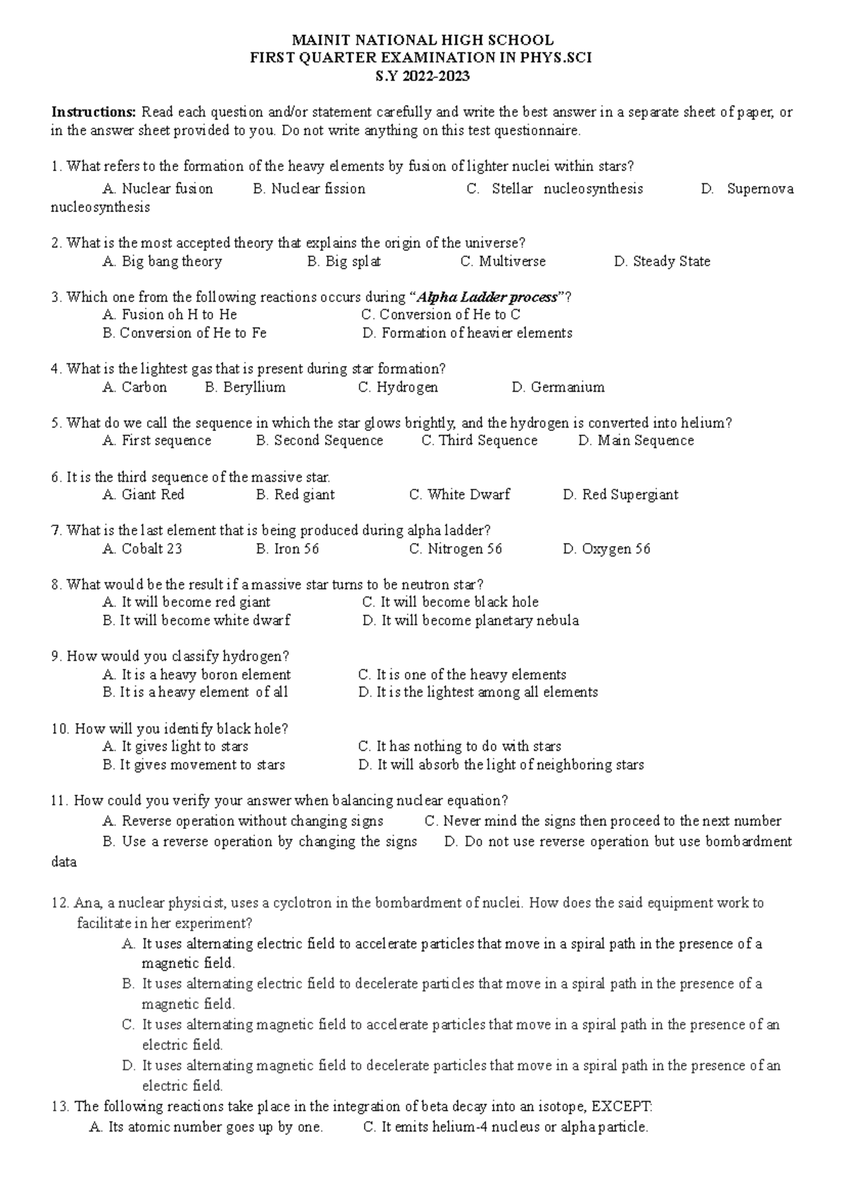 First Quarter Examination IN Physical Science - MAINIT NATIONAL HIGH ...