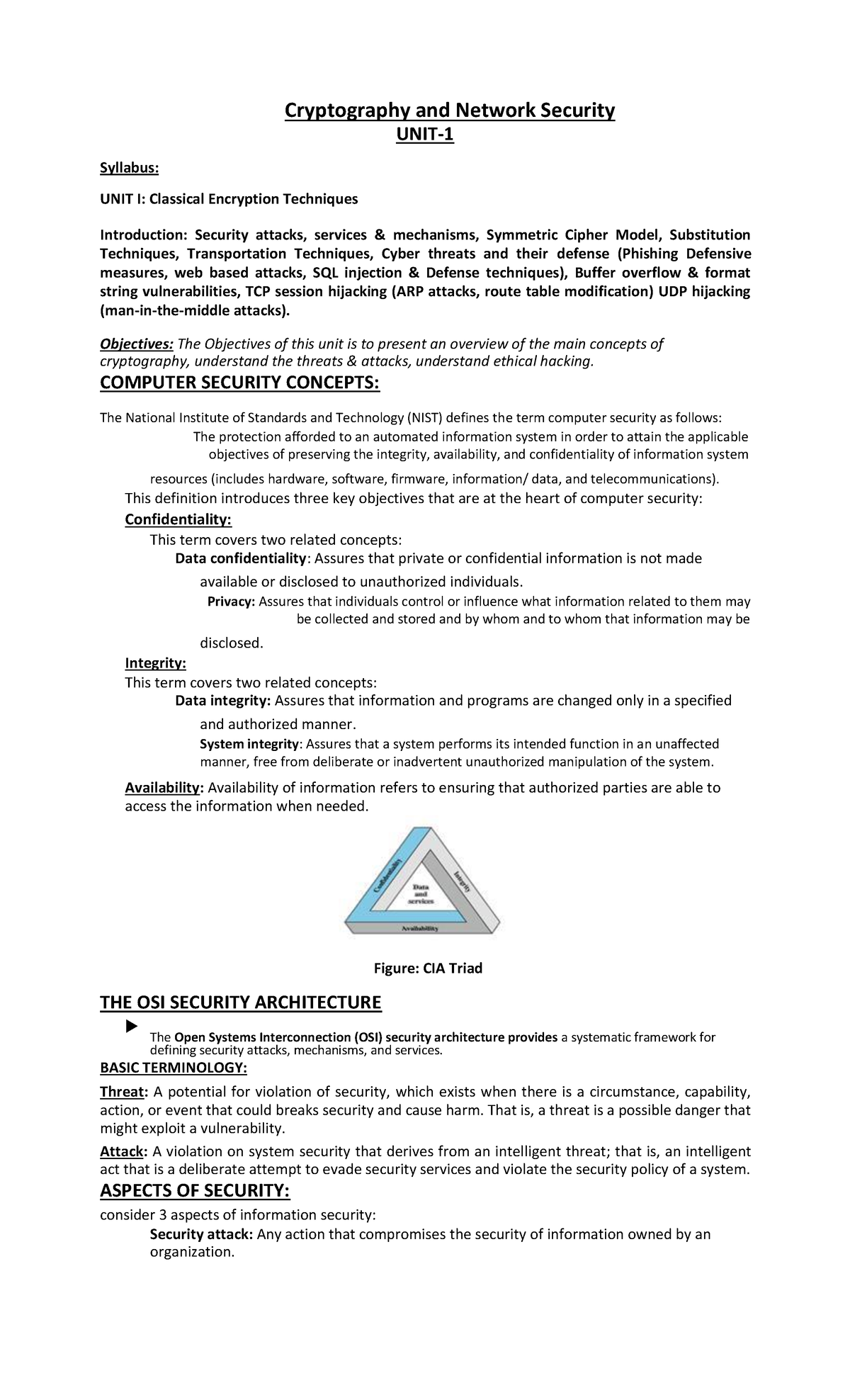 UNIT-1 notes CNS - Cryptography and Network Security UNIT- Syllabus ...