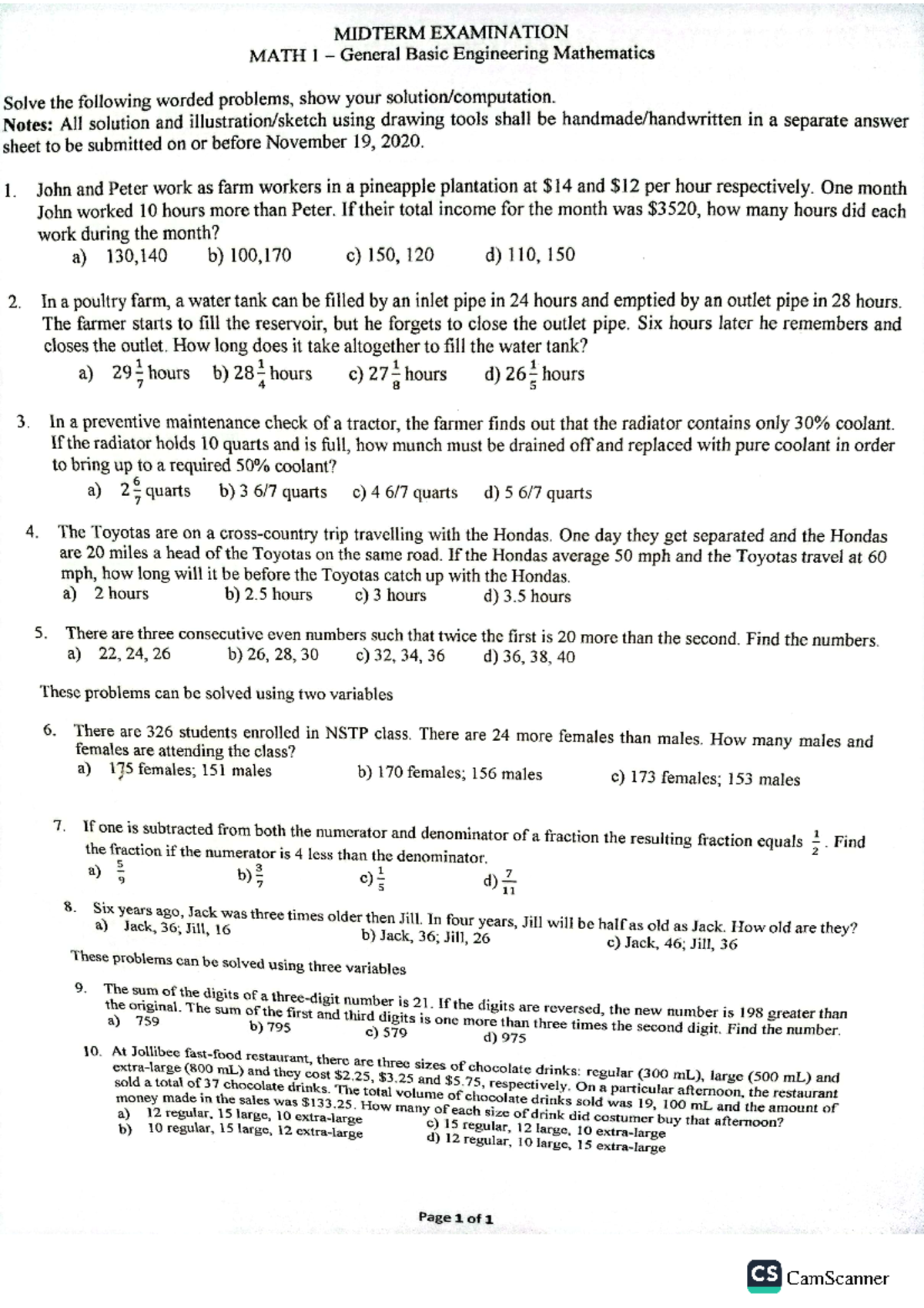 MATH 1 EXAM - Copy - examination - BS-Mathematics - CamScanner - Studocu