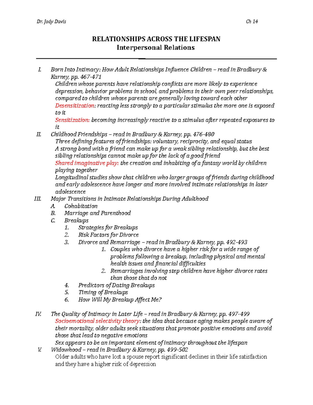Chapter 14 Outline - Dr. Jody Davis Ch 14 RELATIONSHIPS ACROSS THE ...