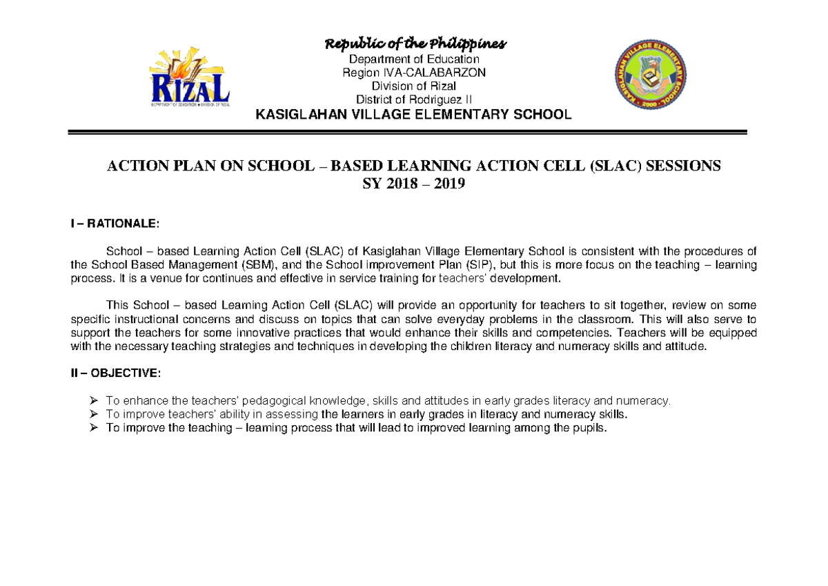 385565410 SLAC Action Plan in School - Republic of the Philippines ...