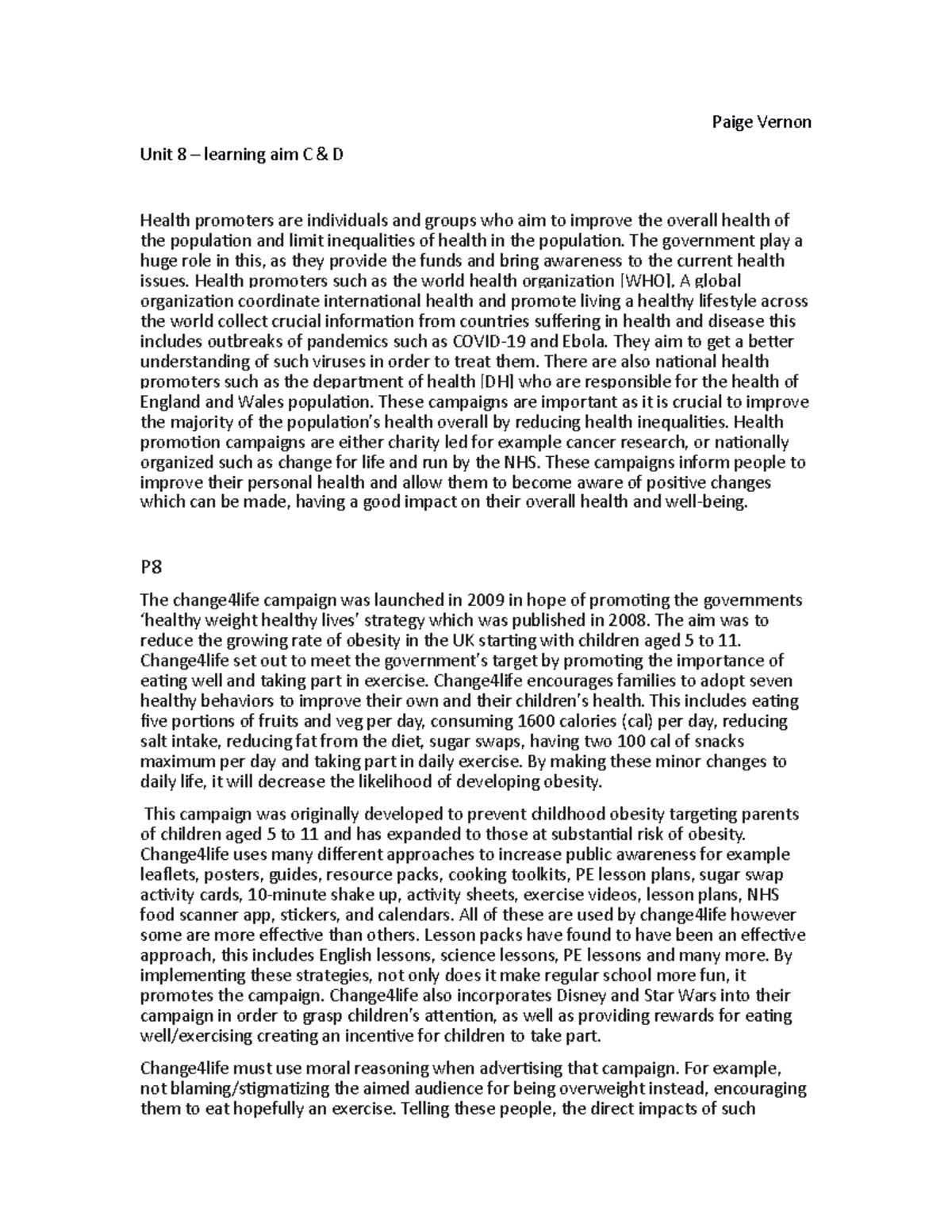 U8 a2 10 all p criteria completed - based upon level 3 health and ...