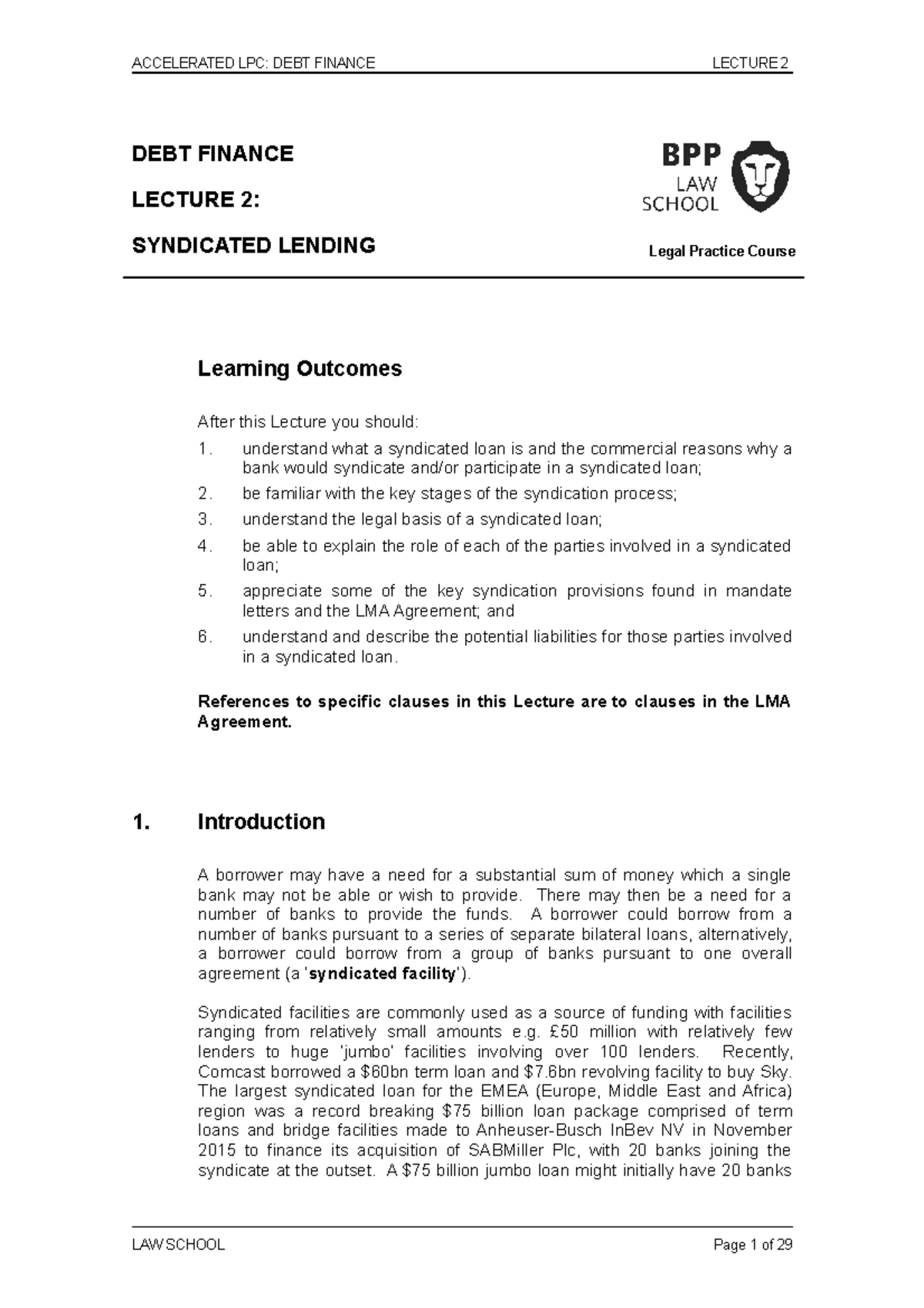 2 Syndicated lending - ACCELERATED LPC: DEBT FINANCE LECTURE 2 DEBT ...