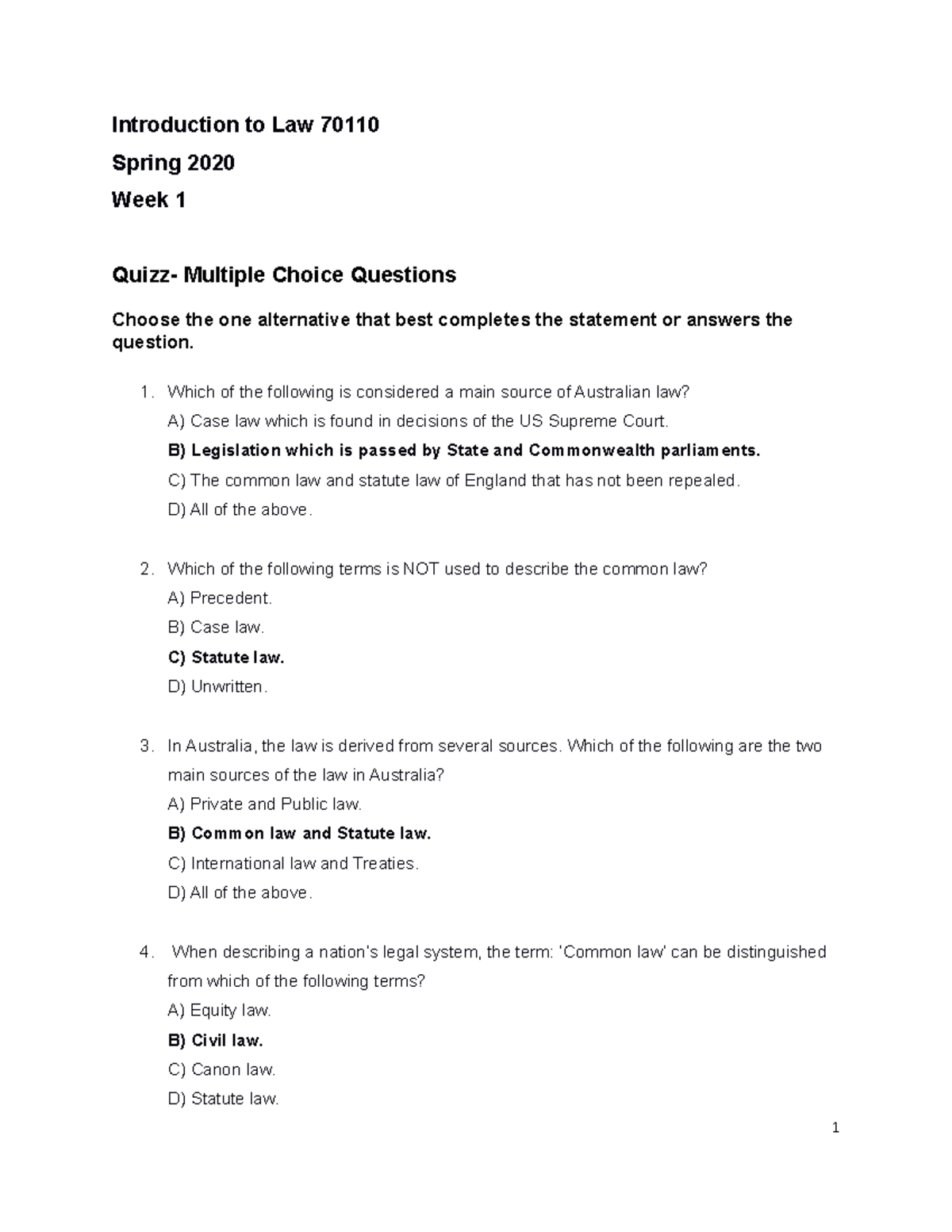 Week 1 Quiz: Questions and Answers - Introduction to Law 70110 Spring ...