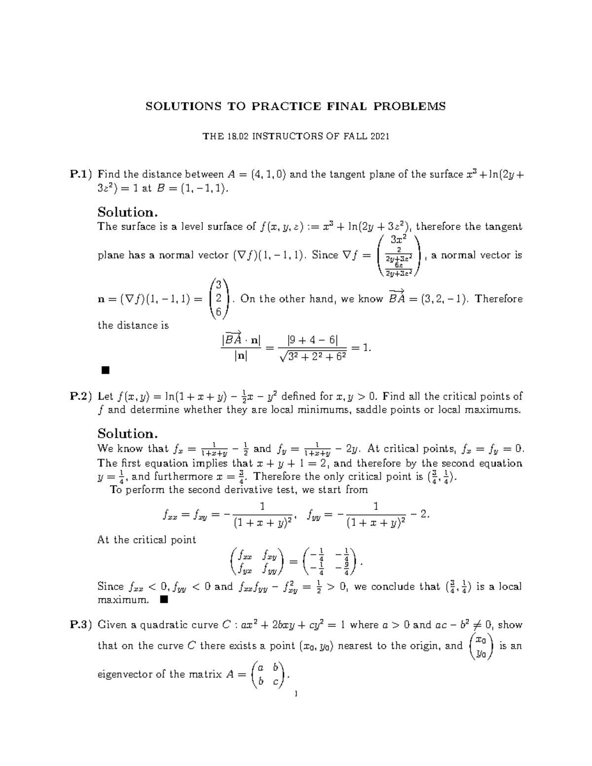 Practice Problems Final Solutins - SOLUTIONS TO PRACTICE FINAL PROBLEMS ...