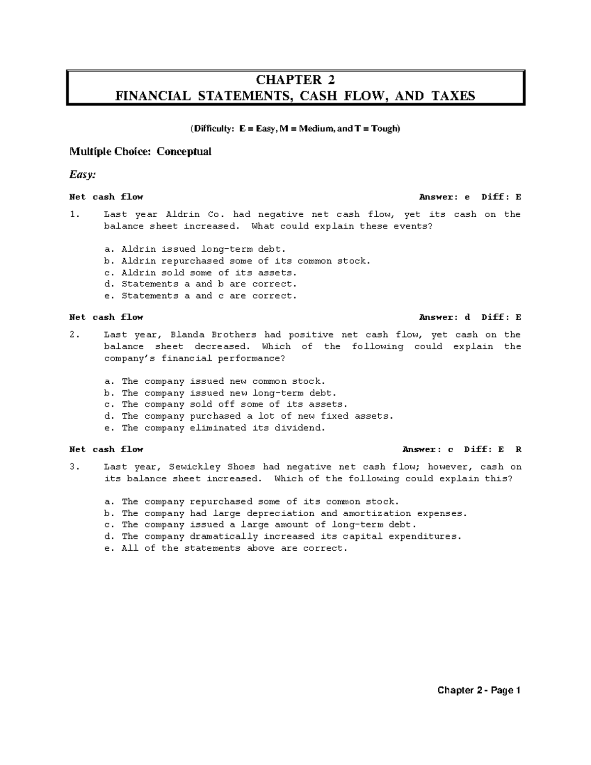Chapter 02 FS, Cash Flows and Taxes - (Difficulty: E = Easy, M = Medium ...