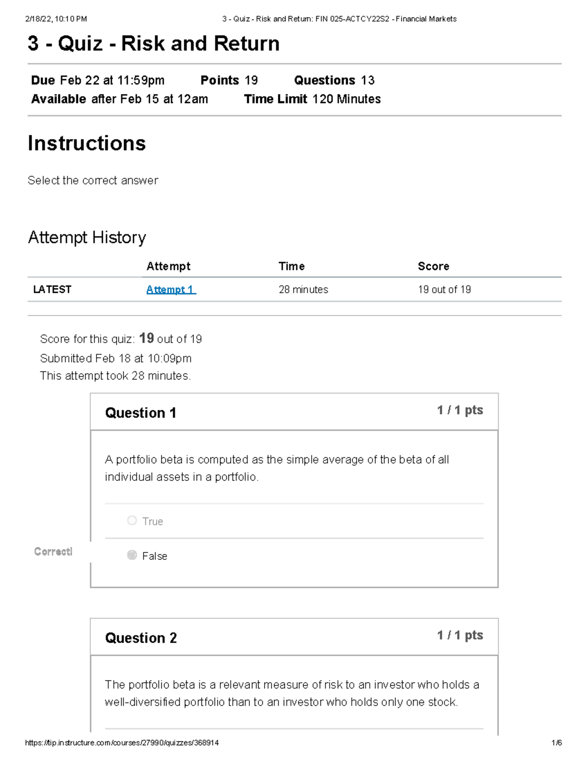 3-Quiz-Risk-and-Return -FIN-025- Actcy 22S2-Financial-Markets - 3 ...