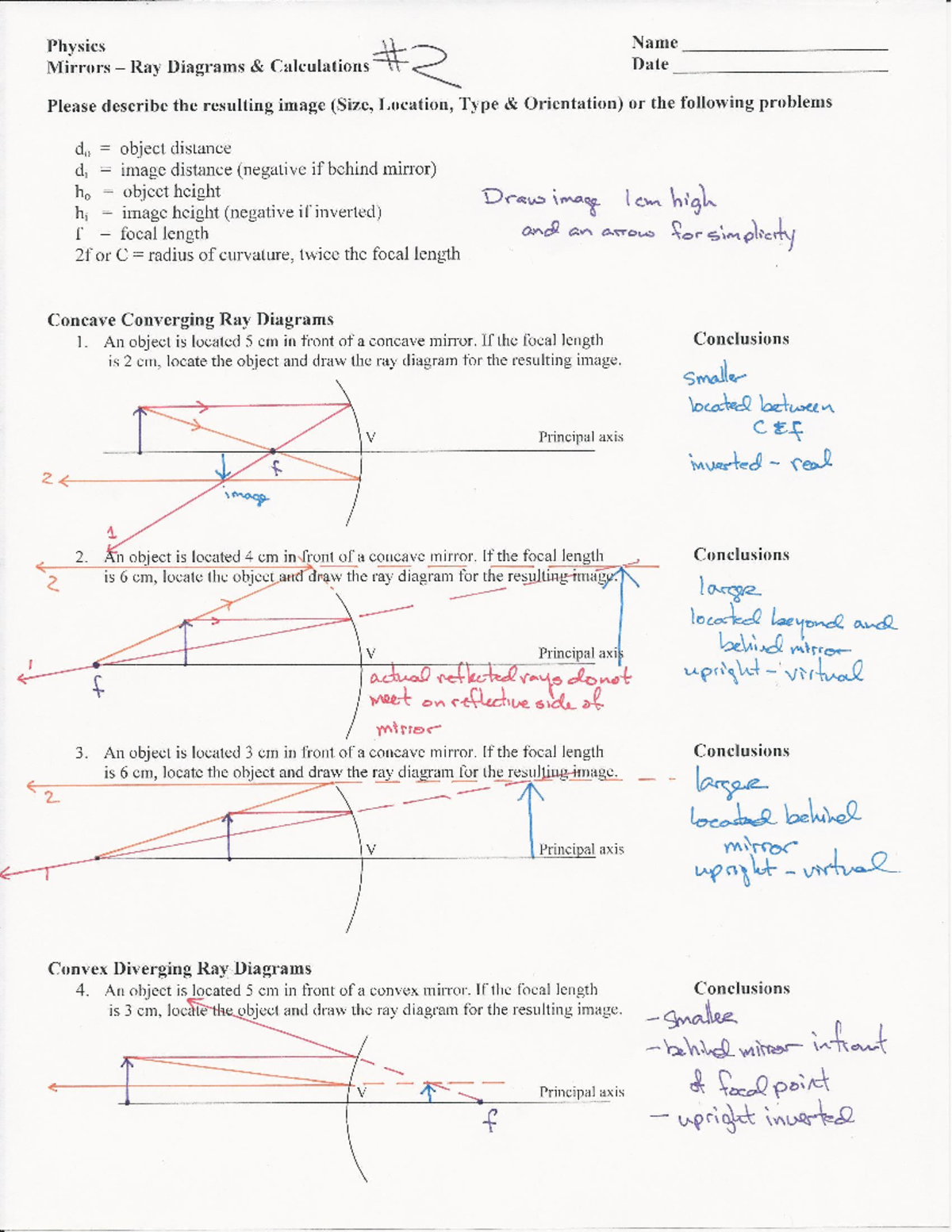 Mirrors Concave Convex Sheet 2 diagrams and calculations Solutions ...