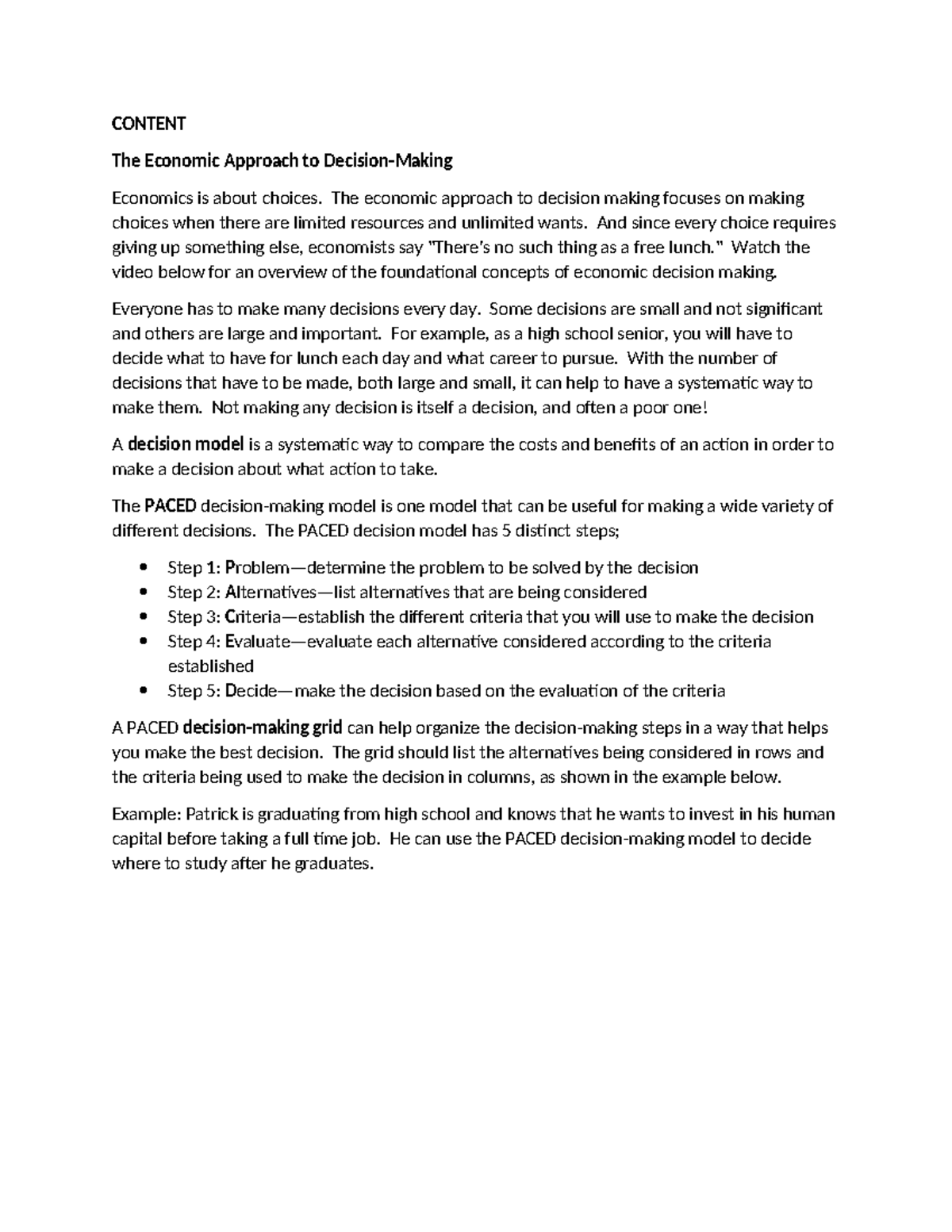 Module 12 Notes-1 - CONTENT The Economic Approach to Decision-Making ...