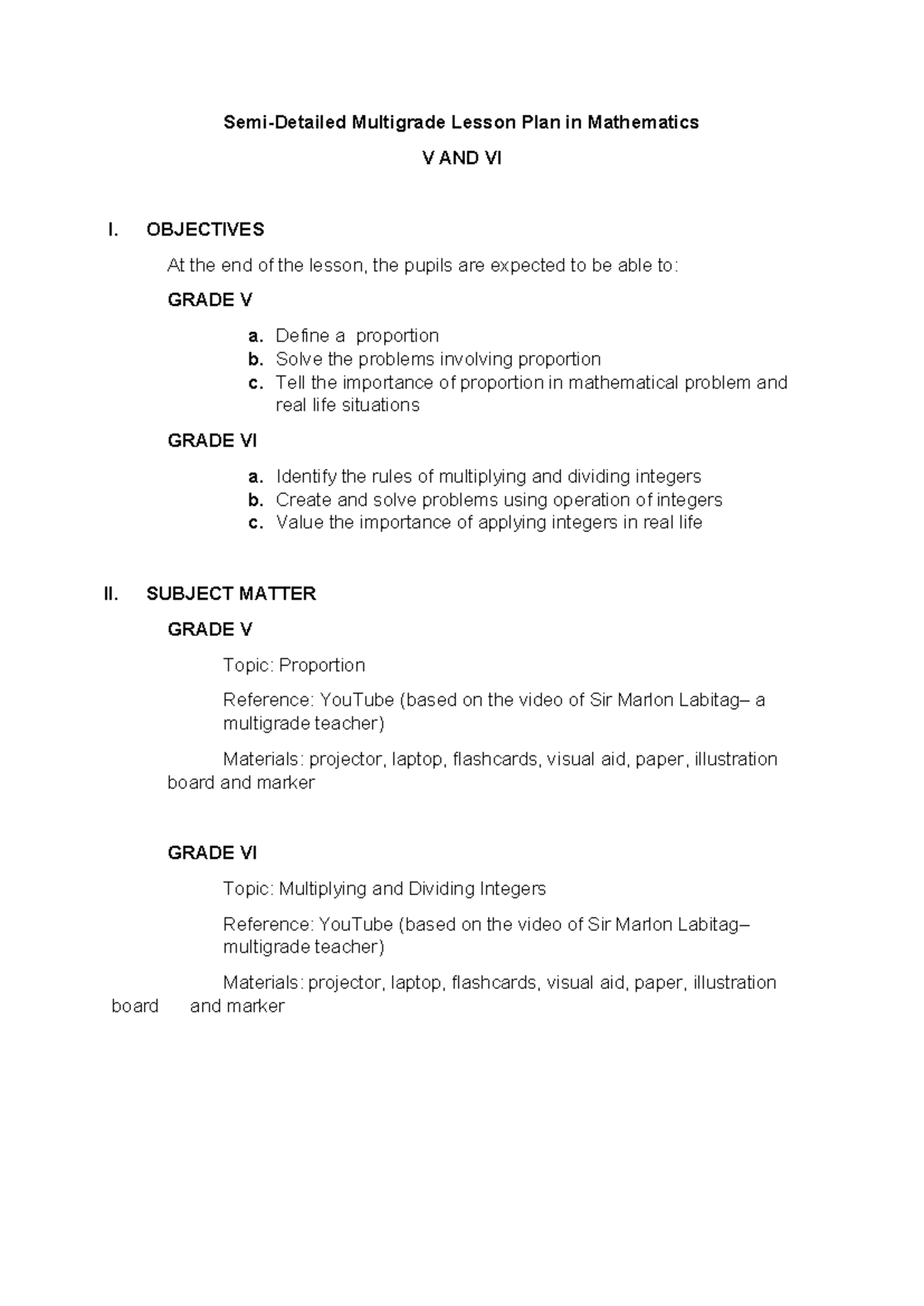 Multigrade Lesson PLAN G5&6 - Semi-Detailed Multigrade Lesson Plan in ...