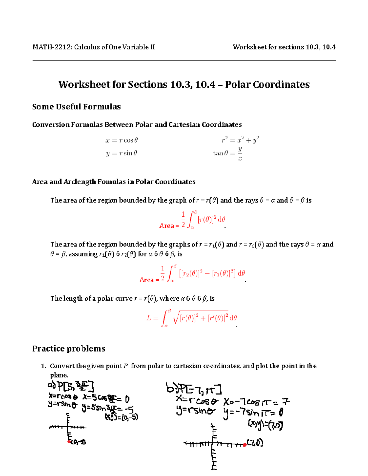 WS 10.3,10.4 - Polar Coordinates Recitation Calculus - MATH-2212 ...