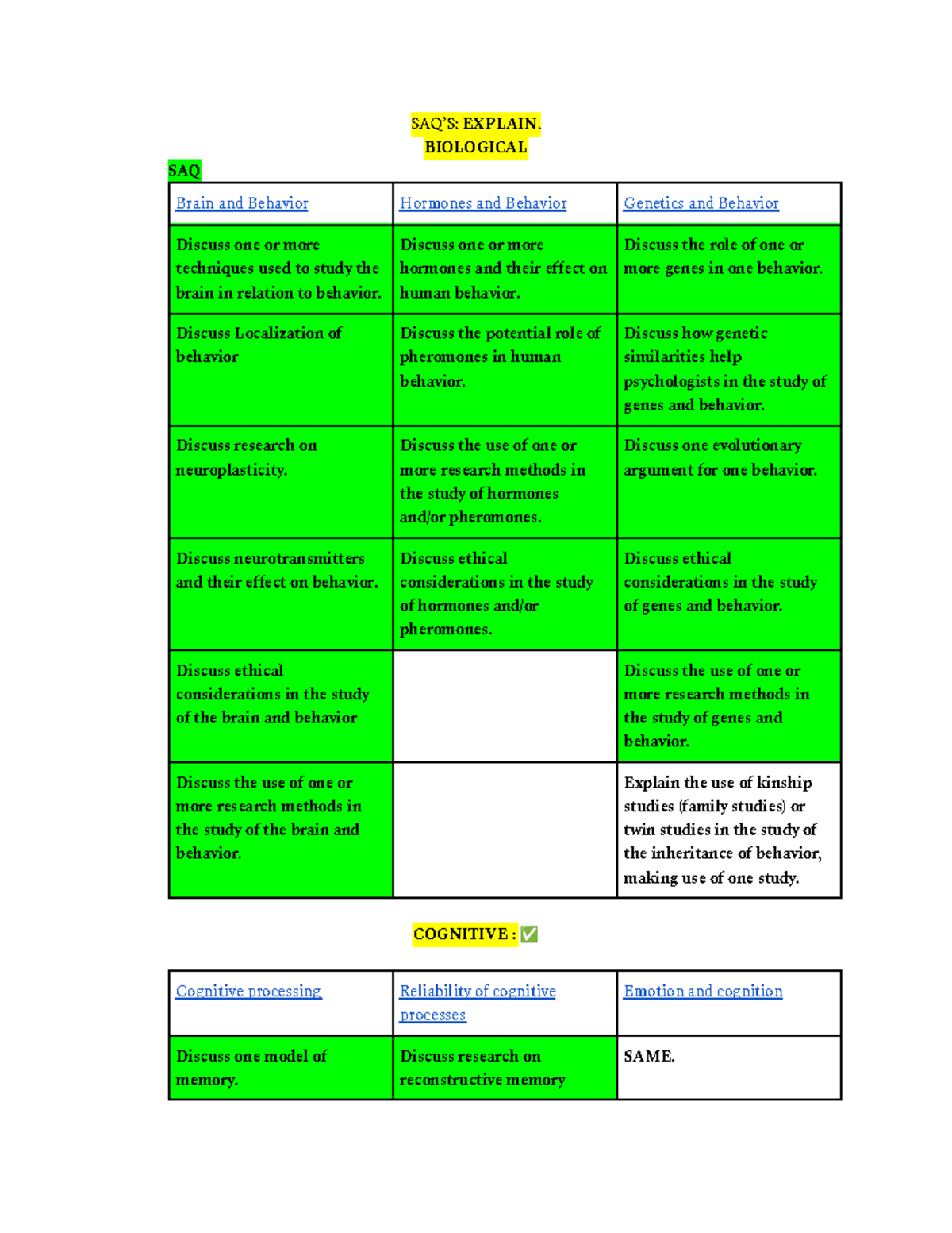 Psychology Review yr 1 - SAQ’S: EXPLAIN. BIOLOGICAL SAQ Brain and ...