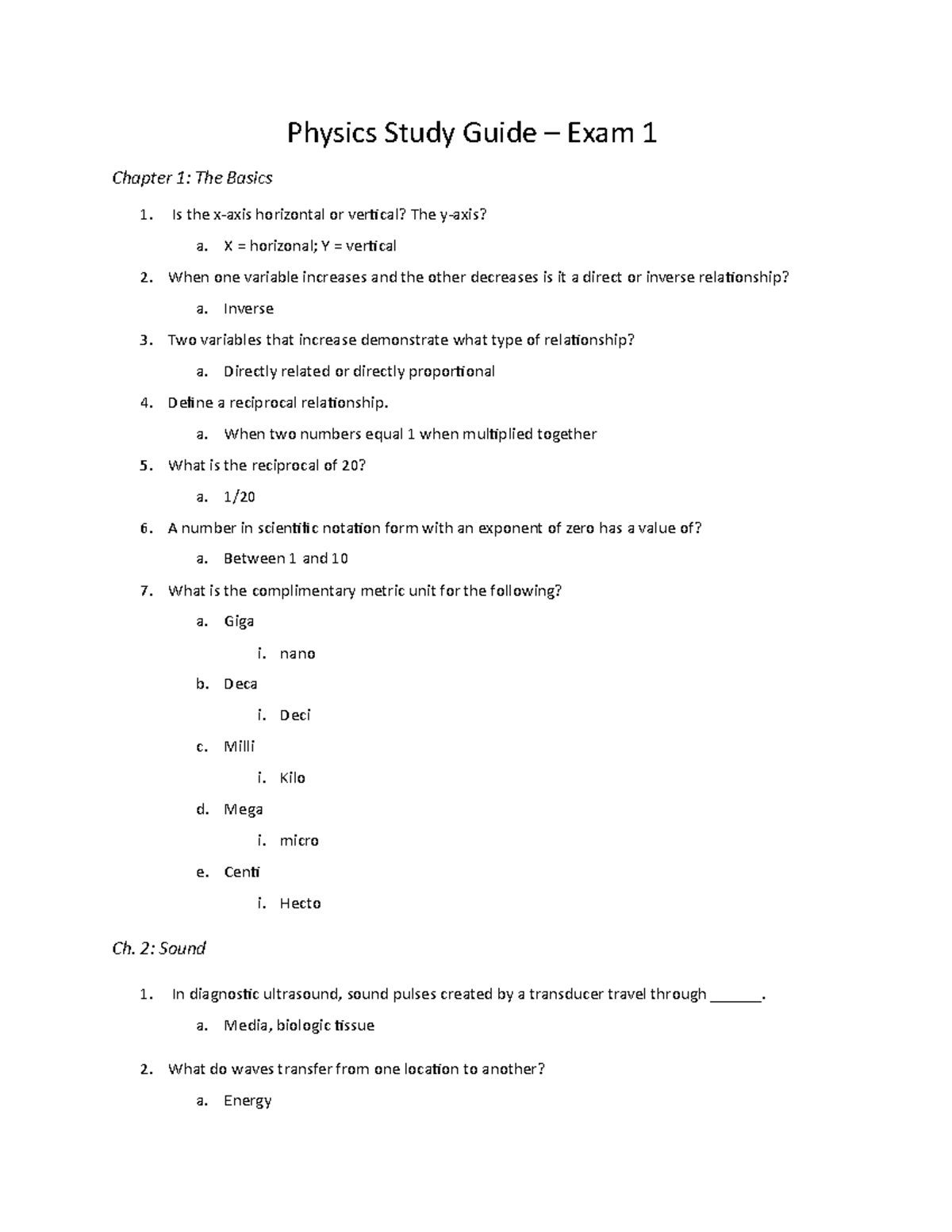 Physics Study Guide - Exam 1 - Ch 1 & 2 - Physics Study Guide – Exam 1 ...
