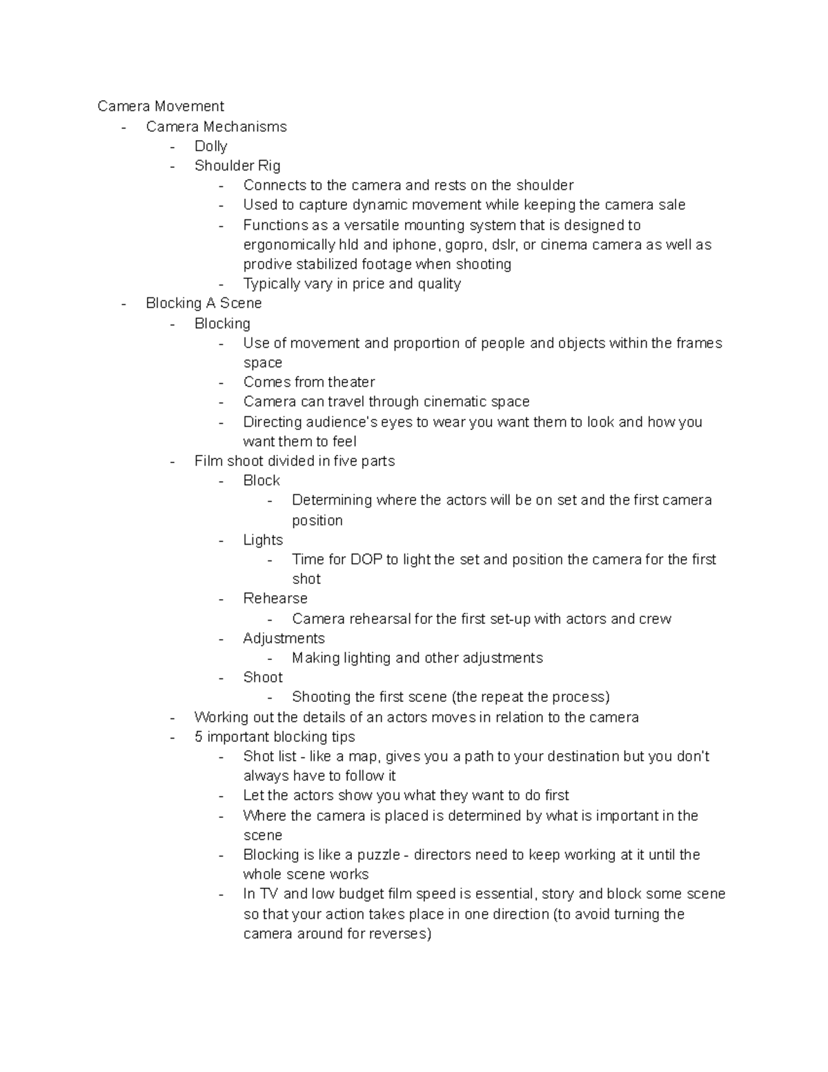 Cinematography Camera Movement Notes - Camera Movement - Camera ...