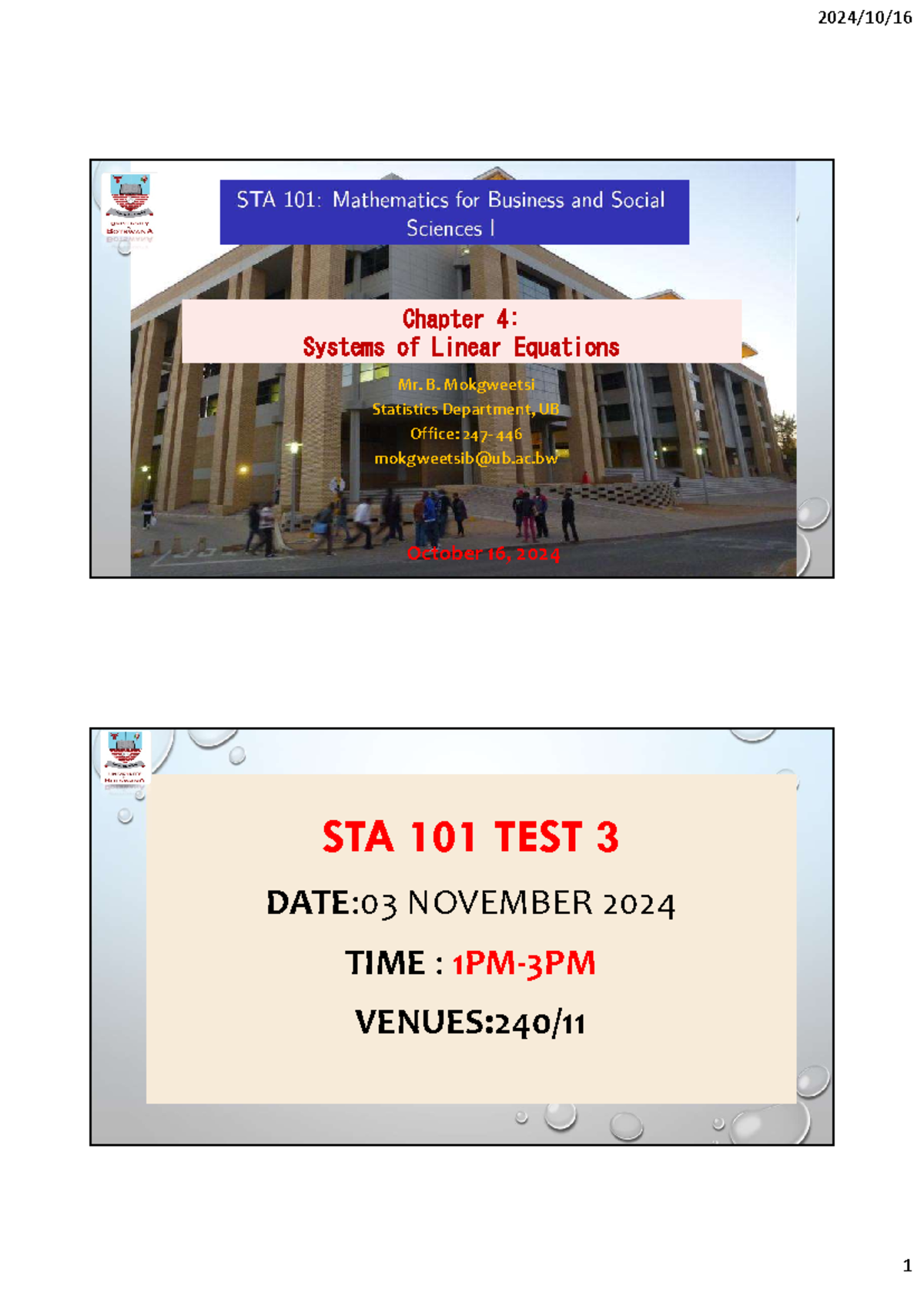 STA 101 Lesson 01 Chapter 04 Systems of Linear Equations 2024 - STA 101_LEC02 Mokgweetsi 16-Oct ...