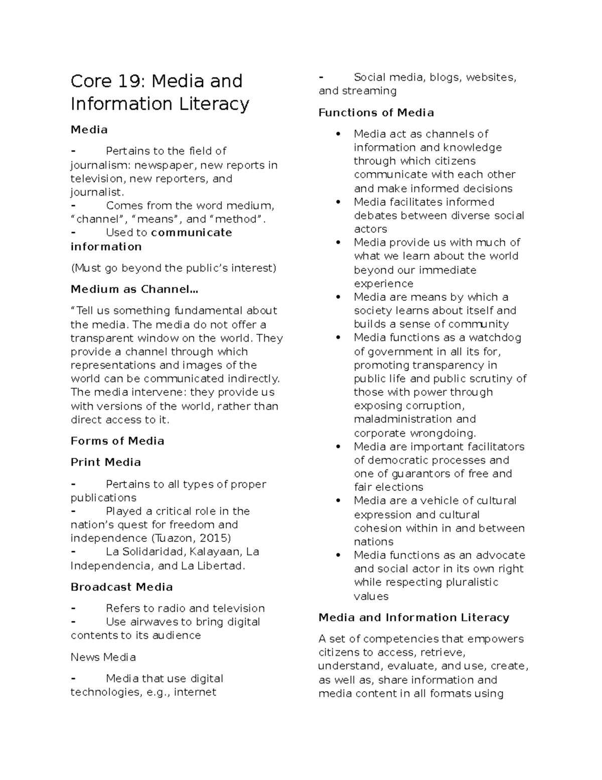Media and Information Literarcy - Core 19: Media and Information ...