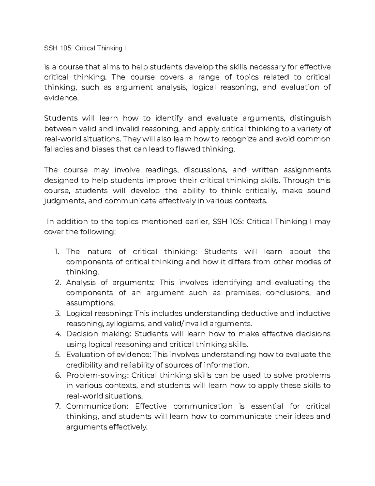 Introduction - SSH 105 Critical Thinking I - SSH 105: Critical Thinking ...