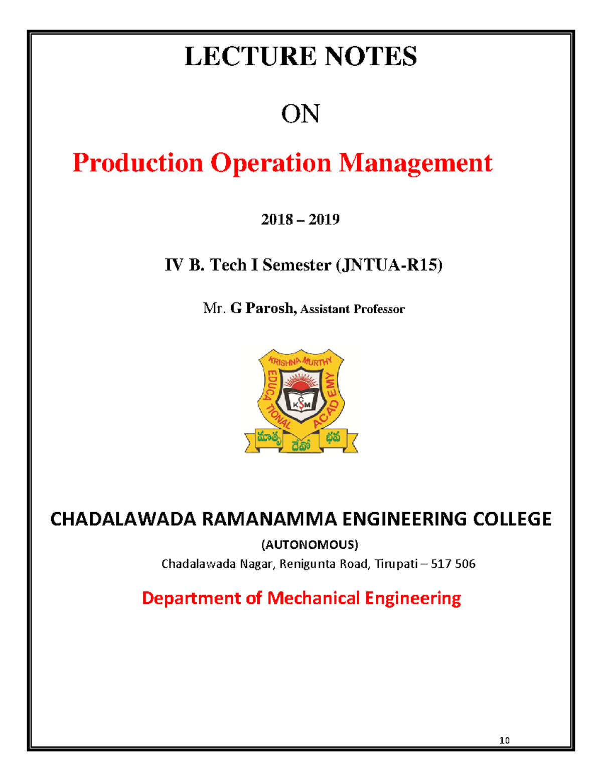 POM Letcture Notes - LECTURE NOTES ON Production Operation Management ...