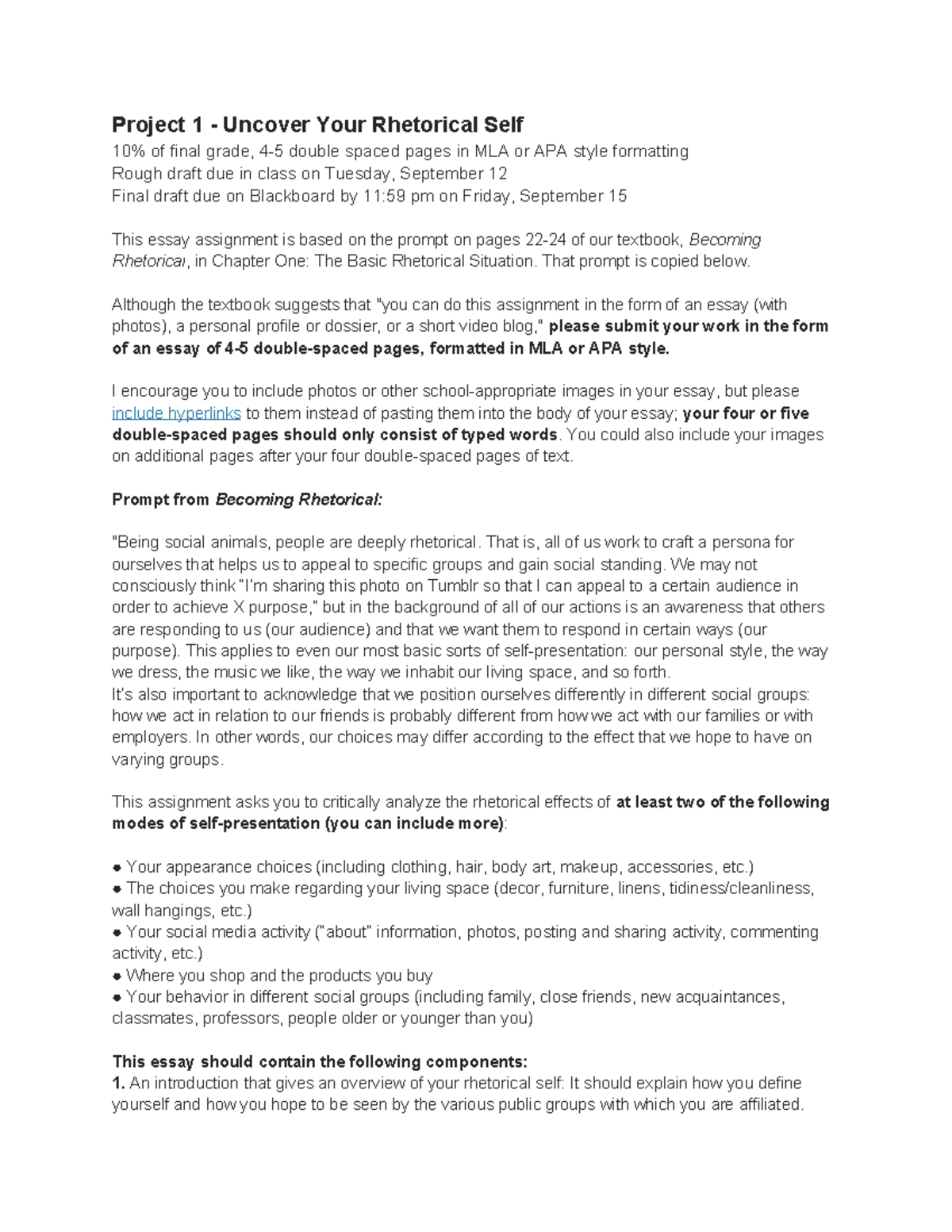 102 Project 1 - Uncover Your Rhetorical Self - Project 1 - Uncover Your ...