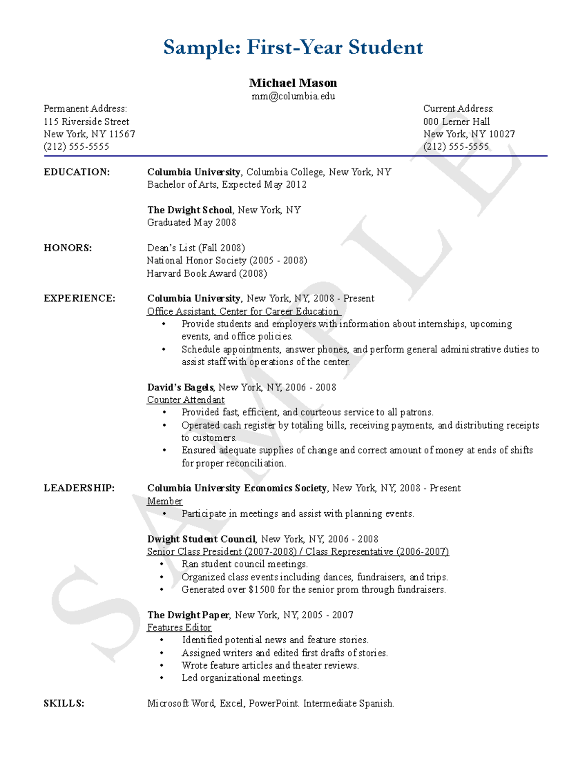 Sample Resume - First-Year Student - Sample: First-Year Student Michael ...