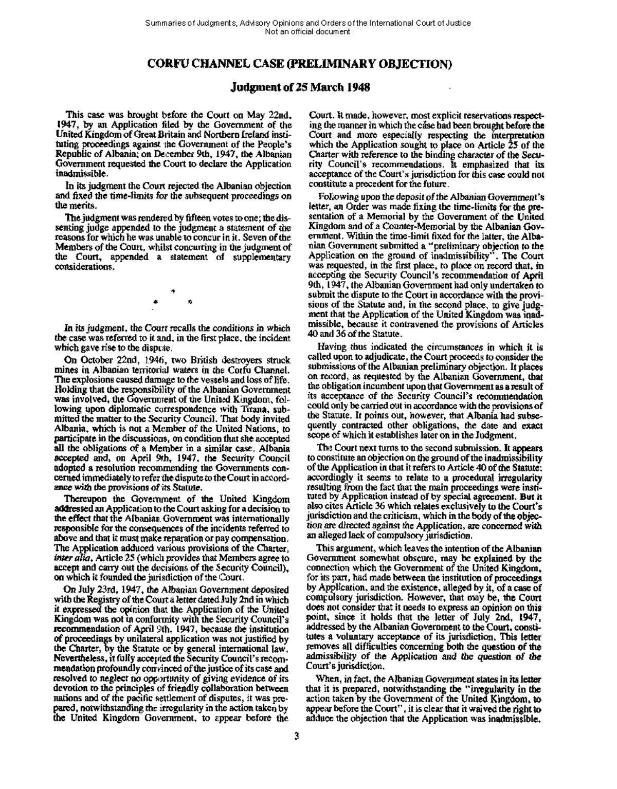 1571 - judgement from court - CORFU CHANNEL CASE (PRELIMINARY OBJECTION ...