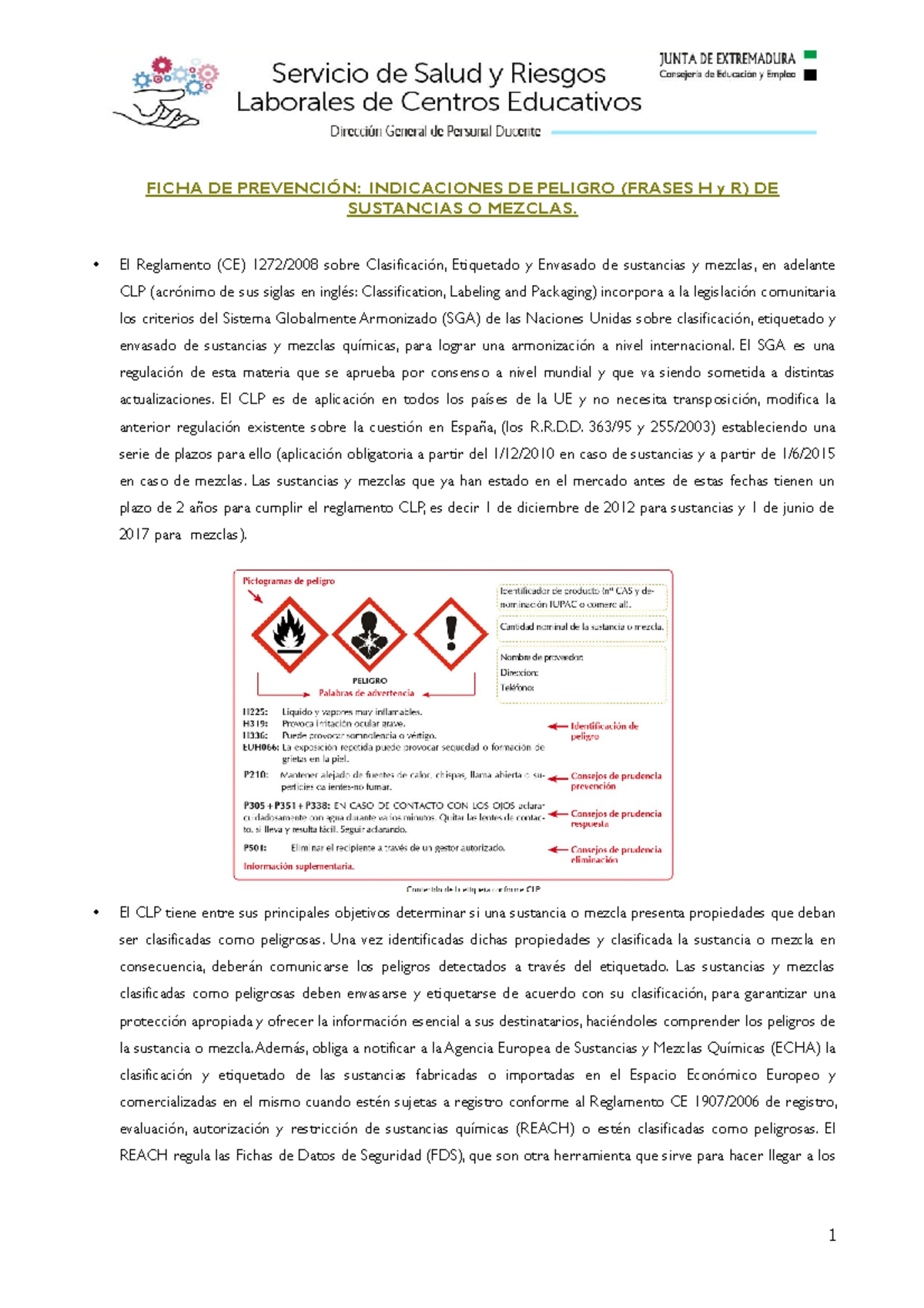 Frases HP de sustancias quimicas - FICHA DE PREVENCIÓN: INDICACIONES DE ...