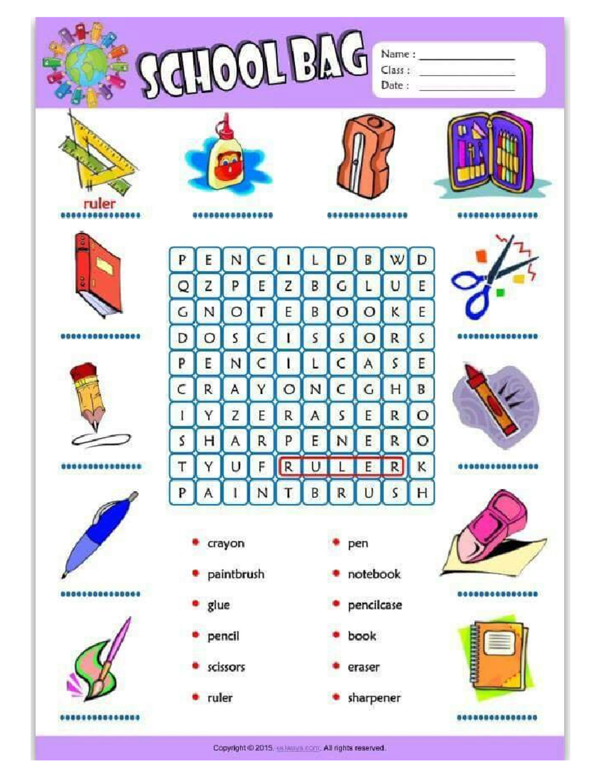 SOPA DE Letras Y Cruci - ingles - SCHOOLBAG Name : Class Date ruler ...