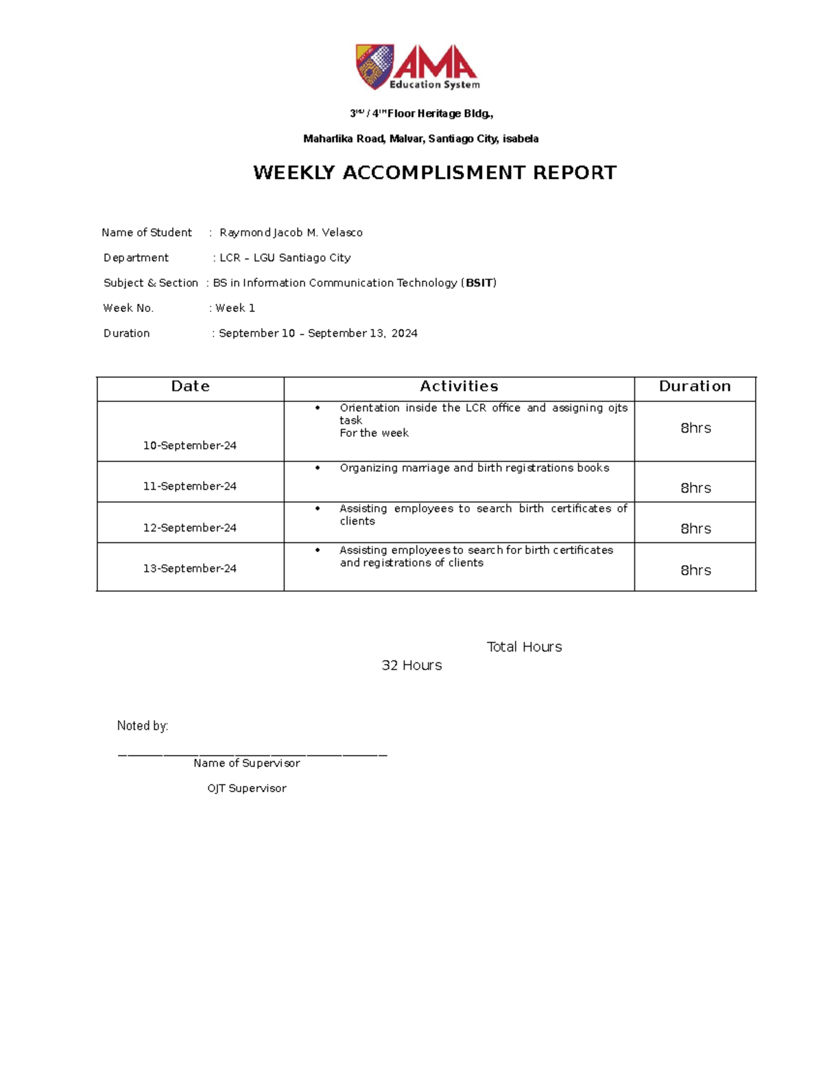 Weekly.AR - yes - Name of Supervisor WEEKLY ACCOMPLISMENT REPORT Name ...