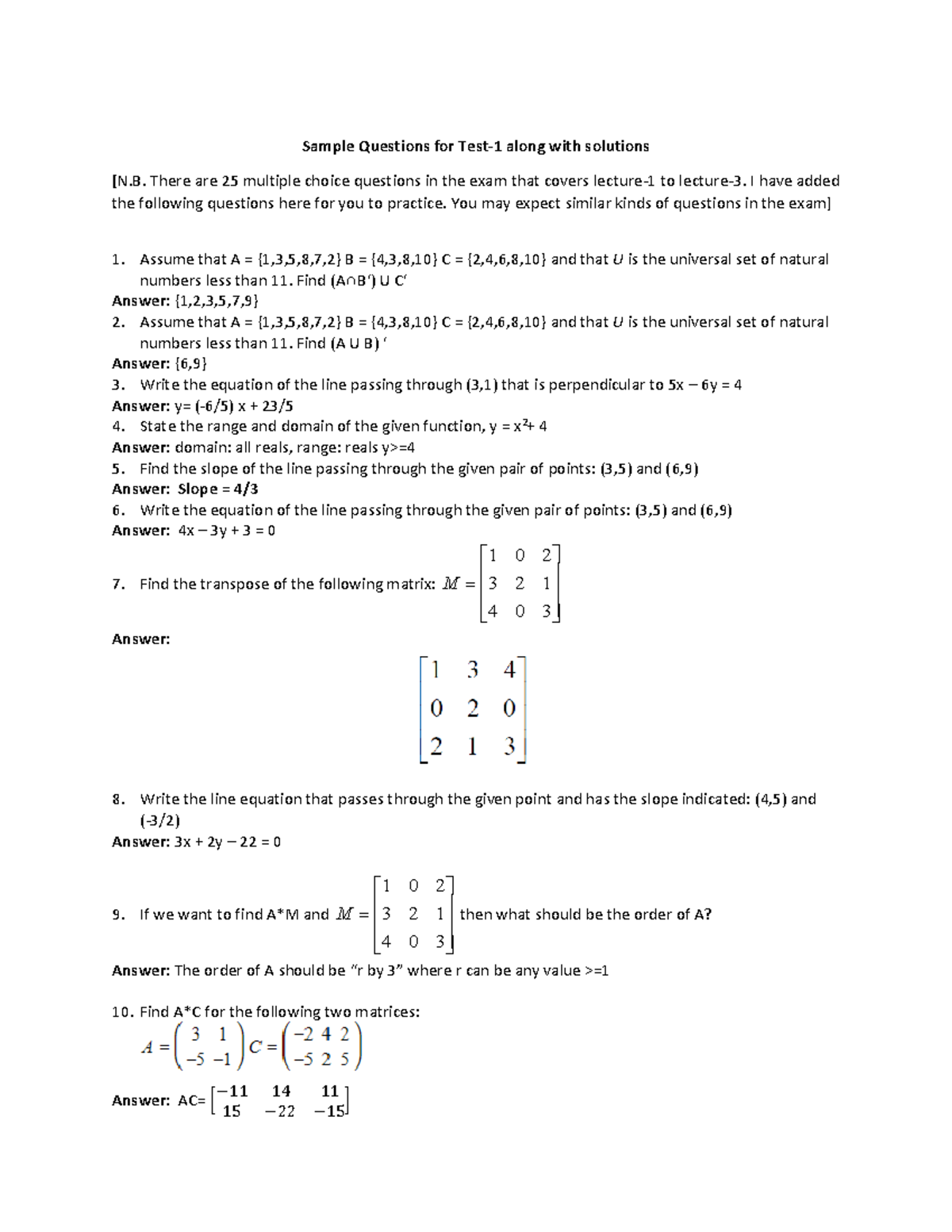 Sample Questions For Test 1 - There are 25 multiple choice questions in ...