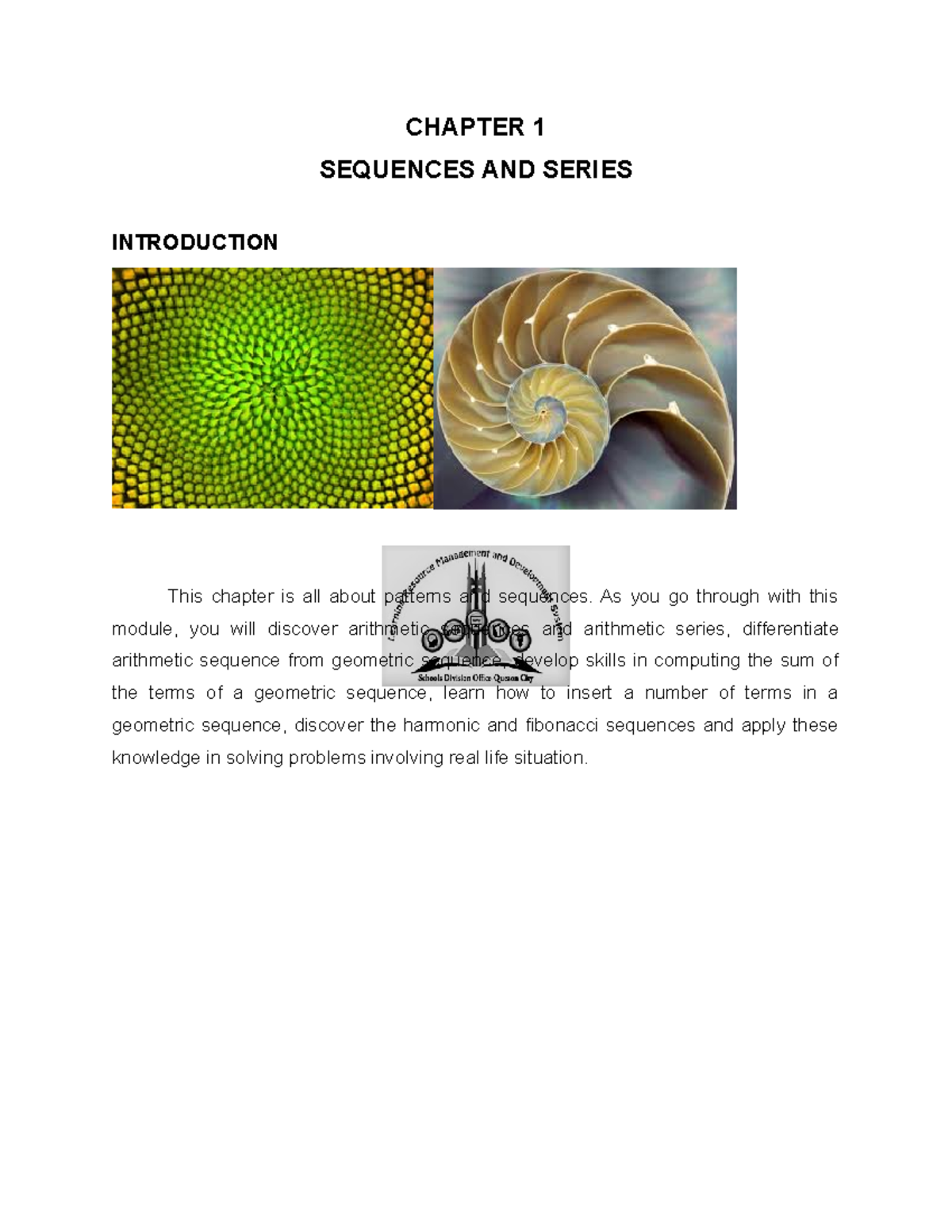 First Quarter Sequences AND Series CHAPTER 1 SEQUENCES AND SERIES