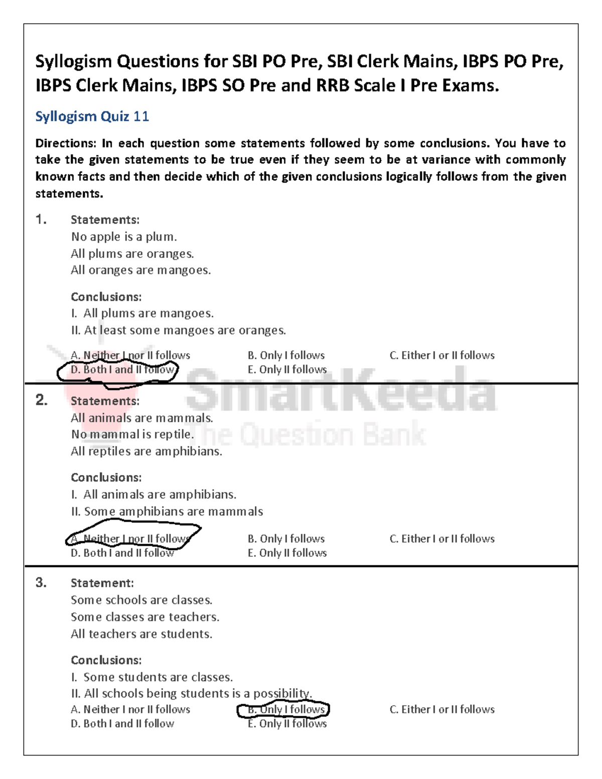 Nathaniel Reaves - Syllogism Quiz 11 - Syllogism Questions for SBI PO ...