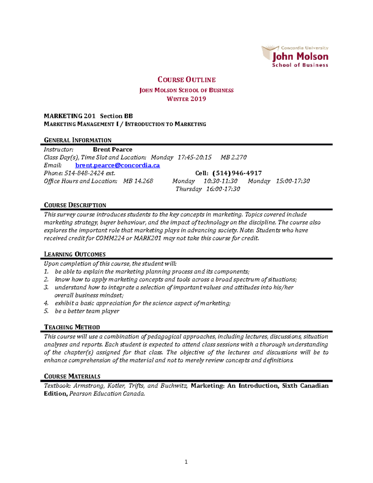 Course Outline MARK 201 Sec BB (2019 Winter) - COURSE OUTLINE JOHN ...
