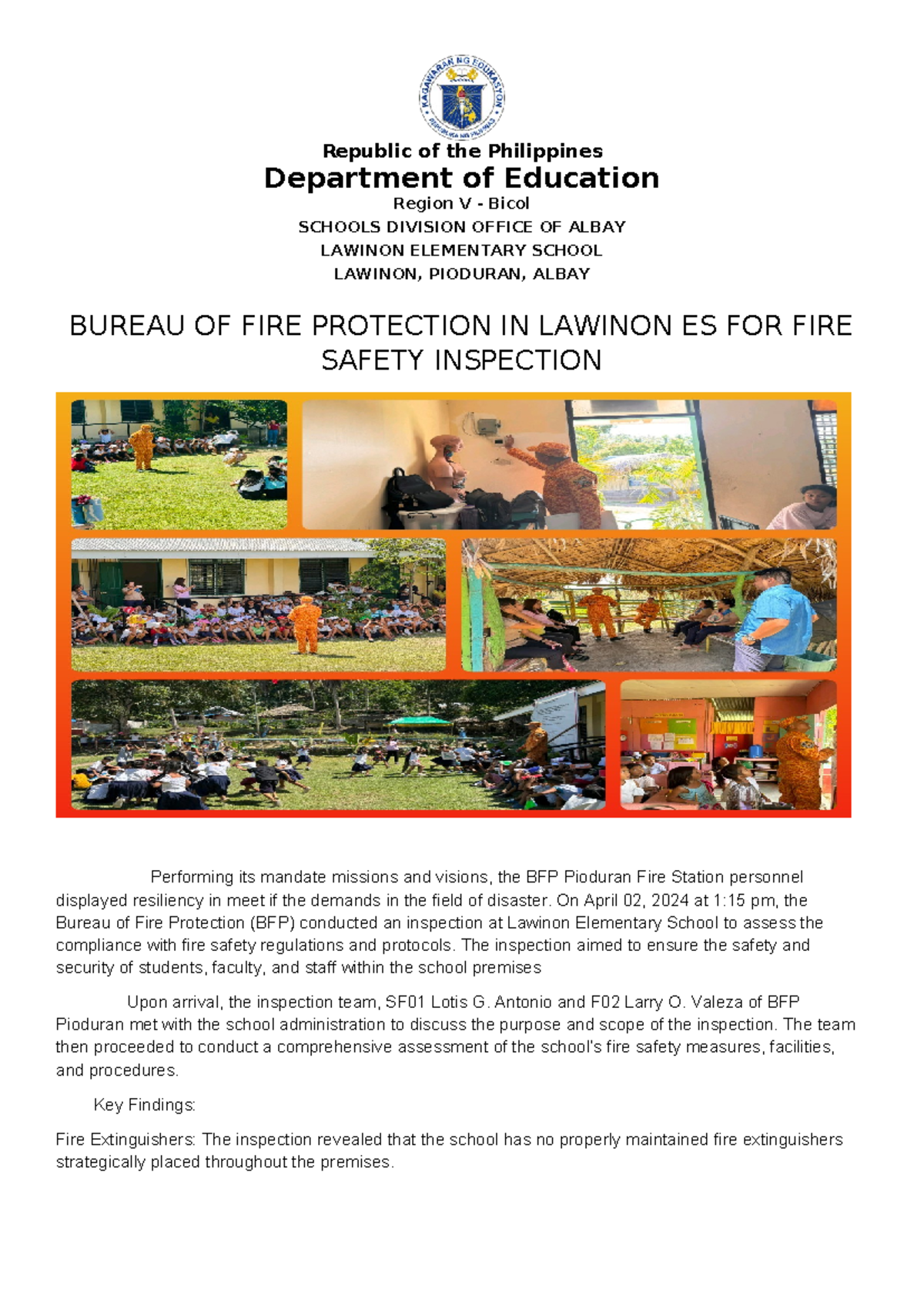 BFP Inspection IN LES - Republic of the Philippines Department of ...