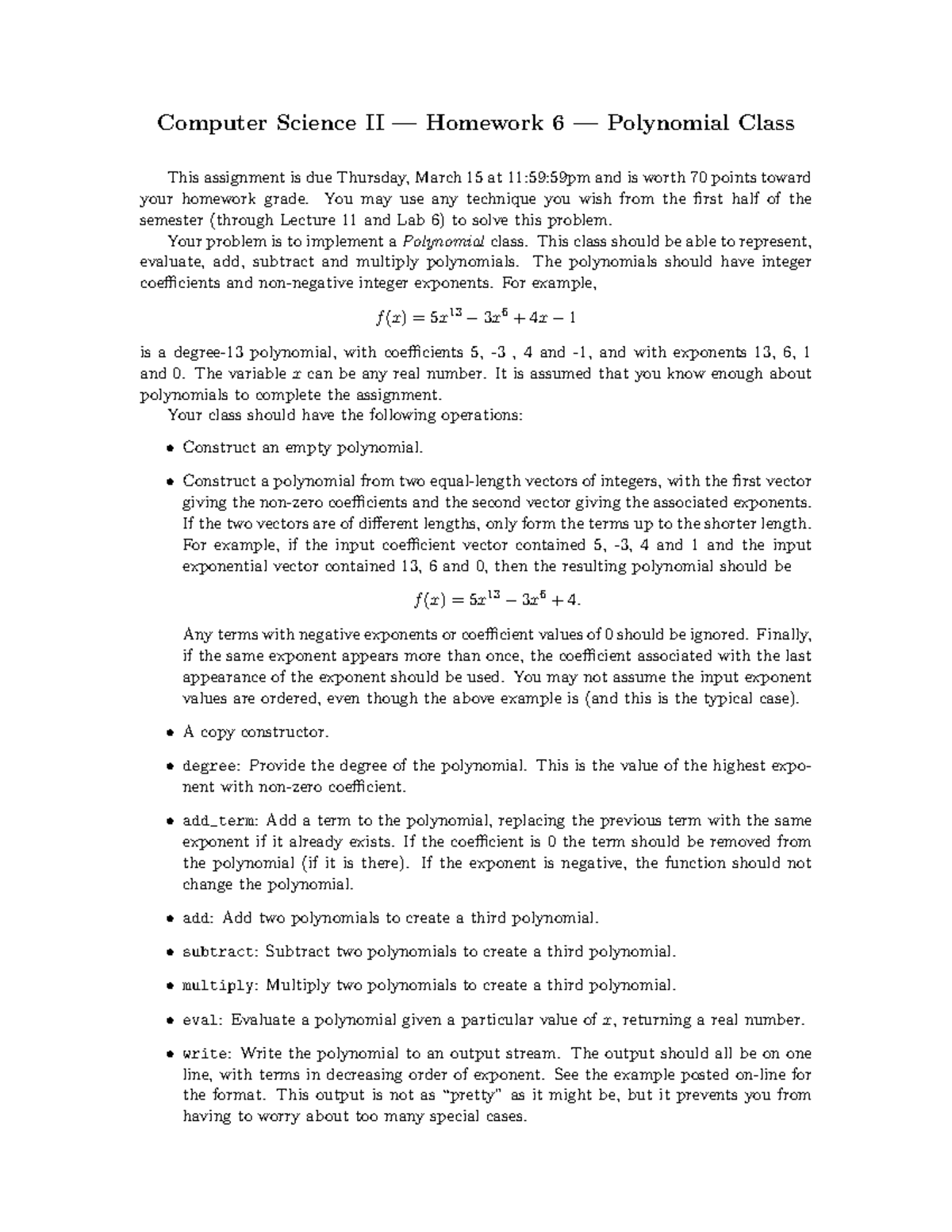 Hw6 Homework Computer Science Ii — Homework 6 — Polynomial Class This Assignment Is Due 4096