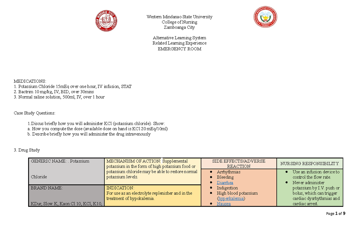 Drug Study - Emergency ward - Western Mindanao State University College ...