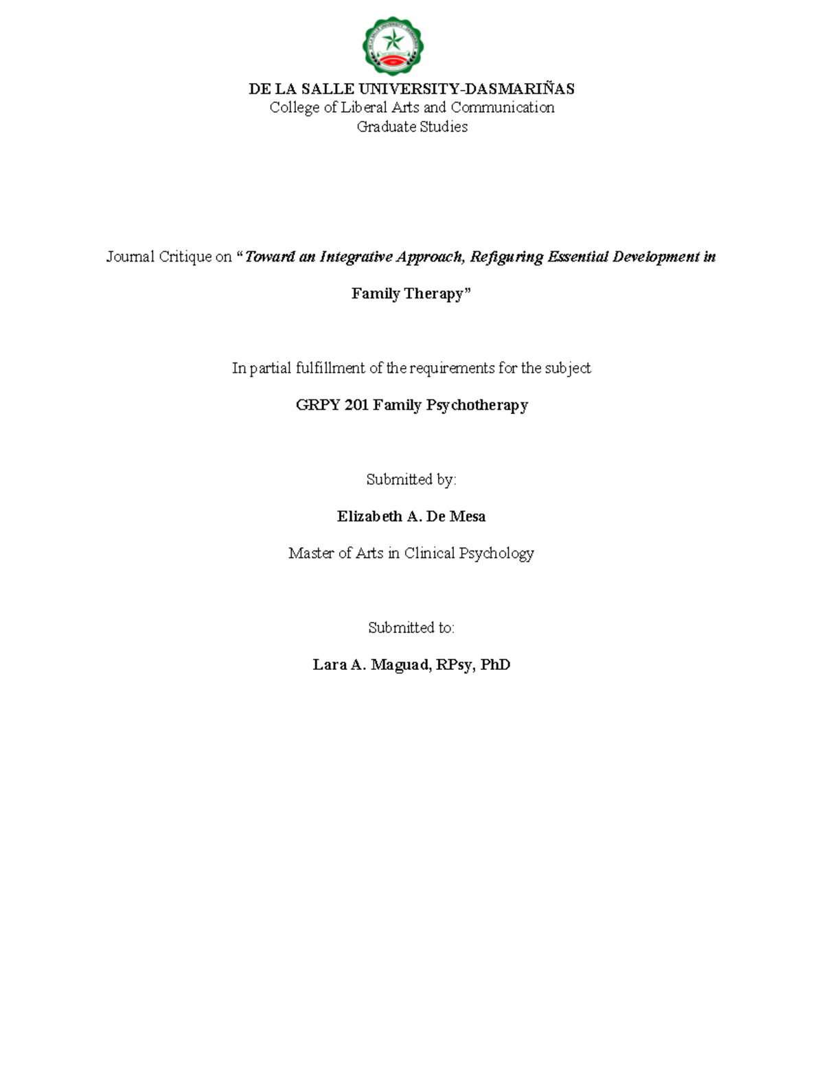 A comprehensive Journal Critique Integrative approach - College of ...