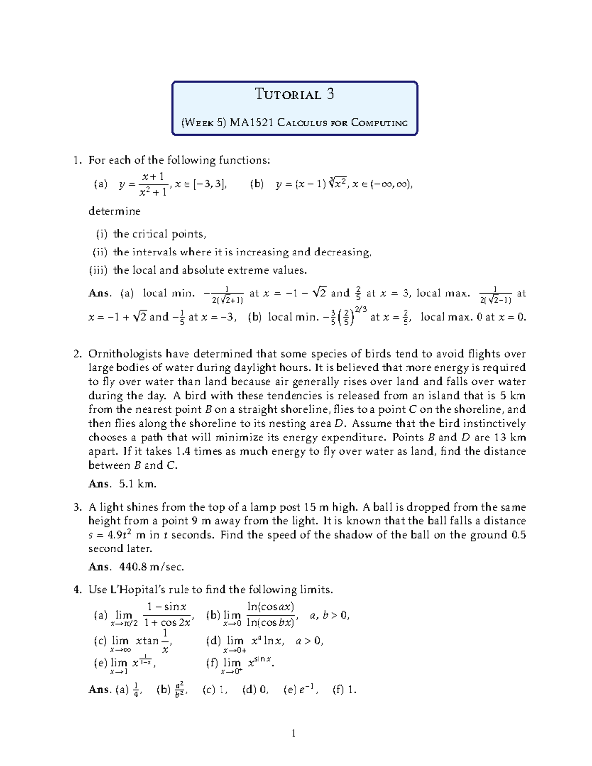 Tutorial 3 - Tutorial 3 (Week 5) MA1521 Calculus for Computing For each of the following ...