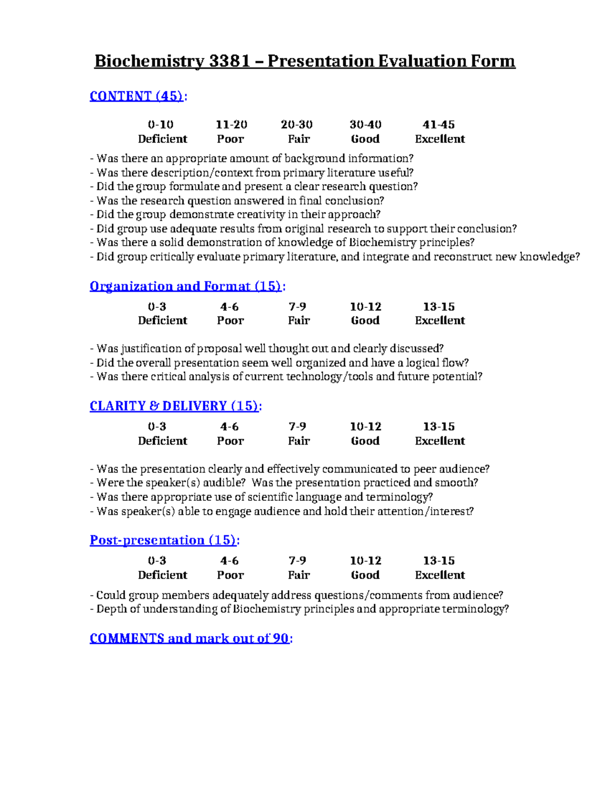 Final Group Presentation Evaluation Form - Biochemistry 3381 ...